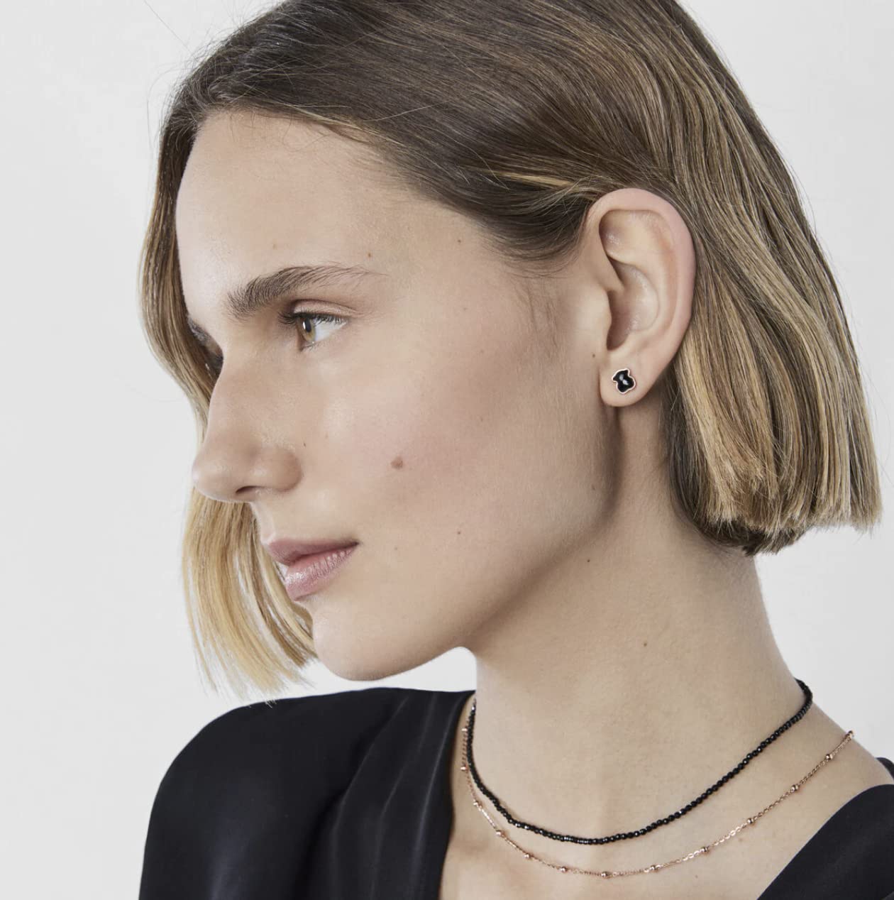 TOUS Rose Vermeil Silver Earrings for Women with Onyx & Bear Motif, Size: 0.7 cm. Motif Collection