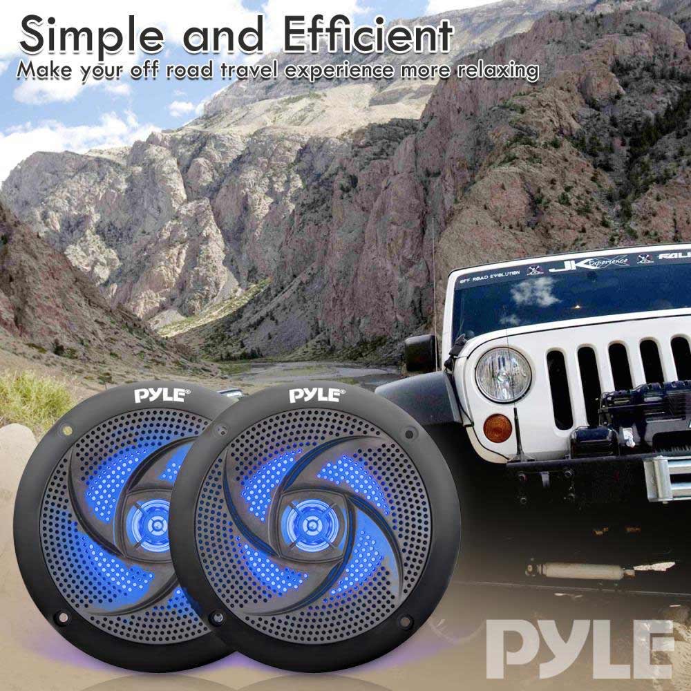 Pyle Low-Profile Waterproof Marine Speakers - 100W 4 Inch 2 Way 1 Pair Slim Style Waterproof Weather Resistant Outdoor Audio Stereo Sound System w/ Blue Illuminating LED Lights - Pyle (Black)