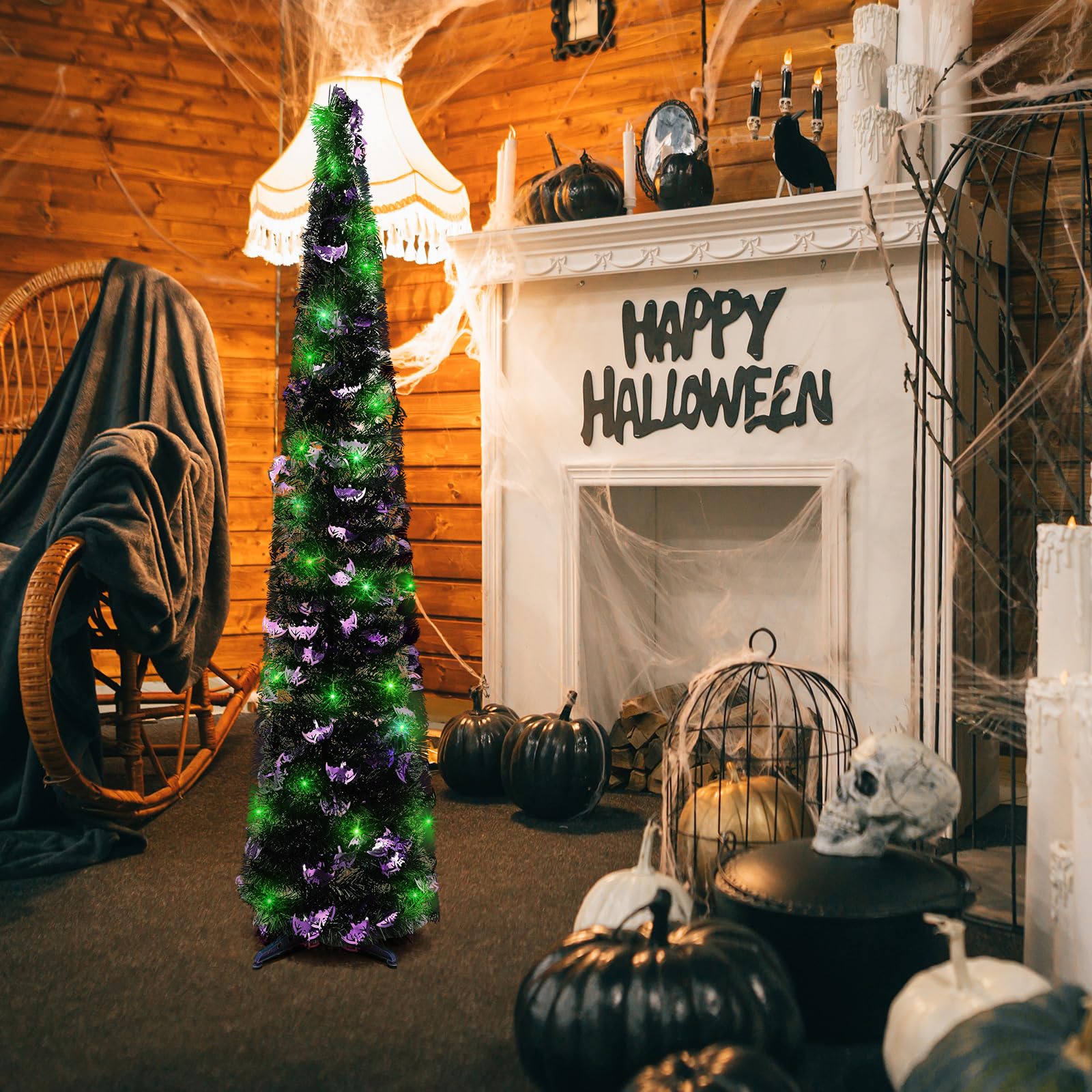 Therwen 5 FT Halloween Tree Halloween Artificial Black Tree with 50 LED String Lights Timer Bat Purple Pencil Collapsible Tinsel for Holiday Party Halloween Festival Home Decoration