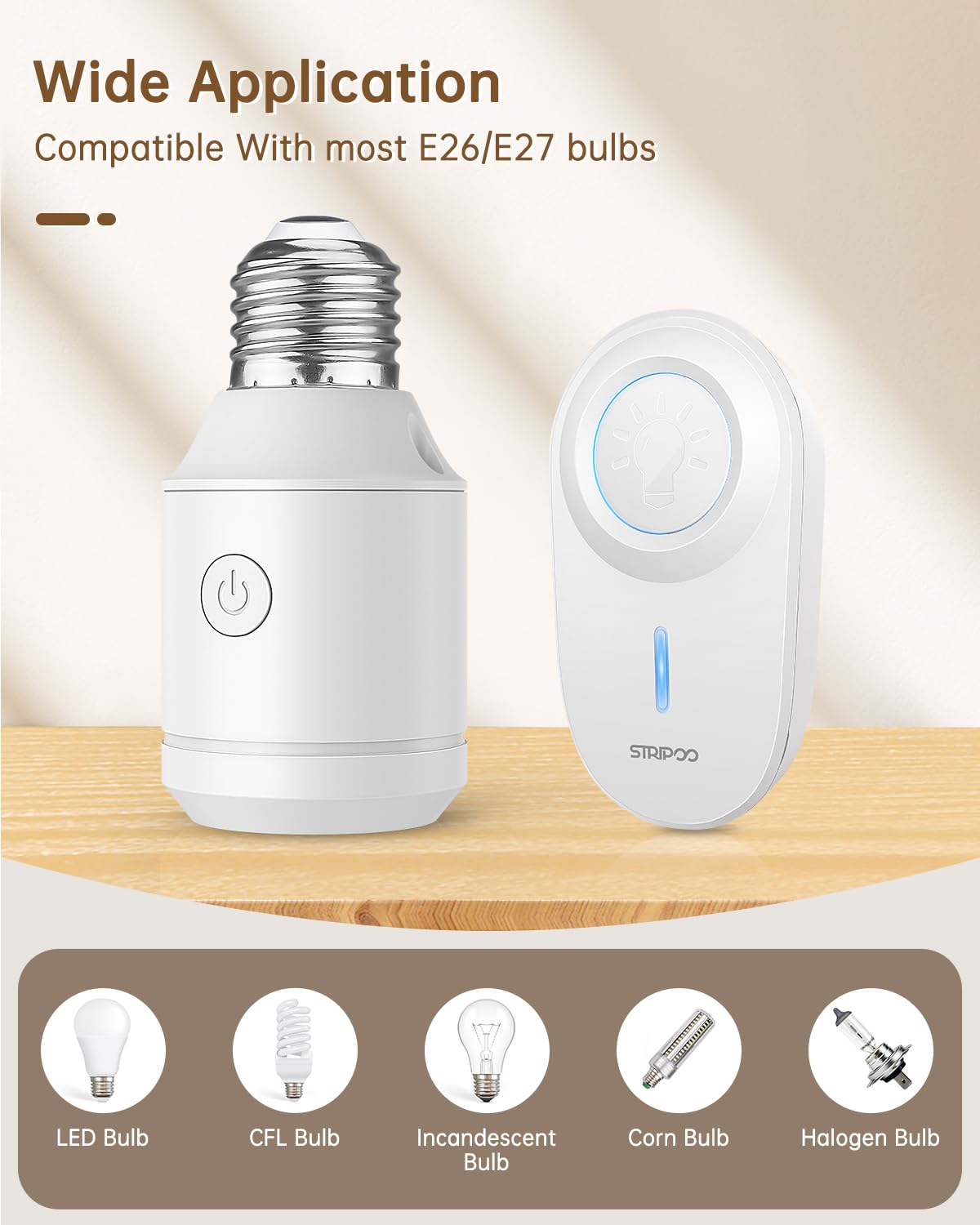 Remote Control Light Socket E26/E27 Bulb Base Holder, Wireless Light Switch for Pull Chain Light Fixtures, 300FT RF Range, No Wiring Wireless Light Switch for 500W Light Fixtures