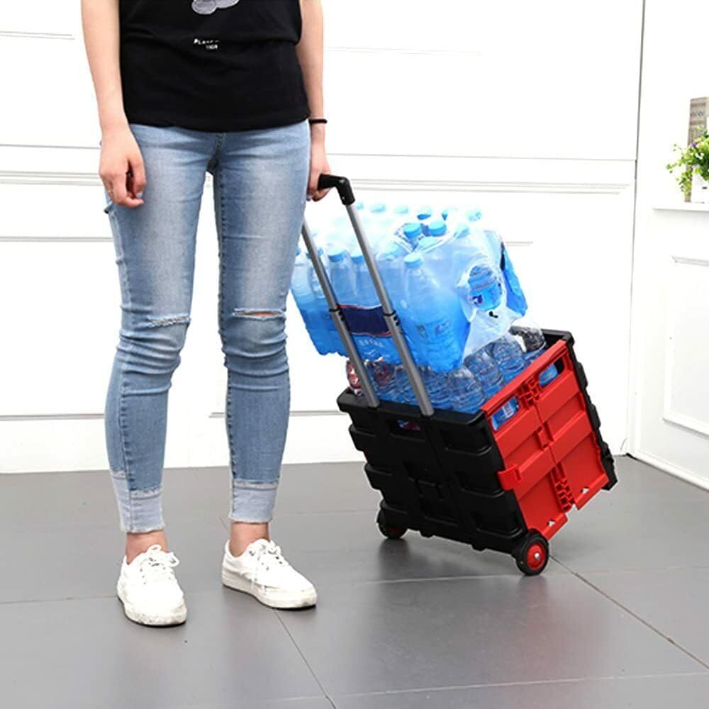 Shopping Cart Folding Basket Utility Cart Plastic Collapsible Trolley Rolling Wheels Utility (Red)