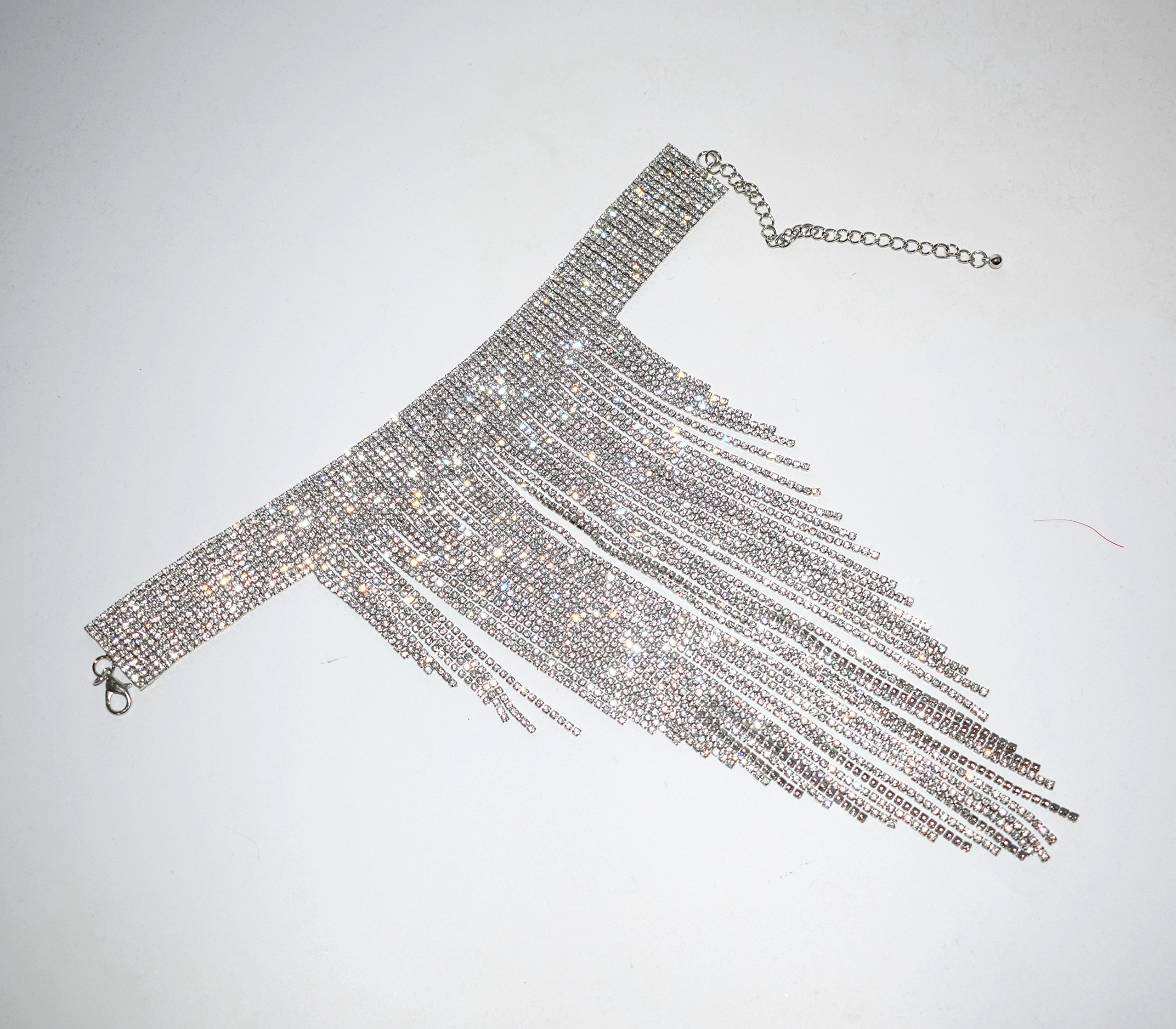 Qiaose Stunning Rhinestone Choker Necklace Women Statement Necklace Long Chain Necklace (Silver)
