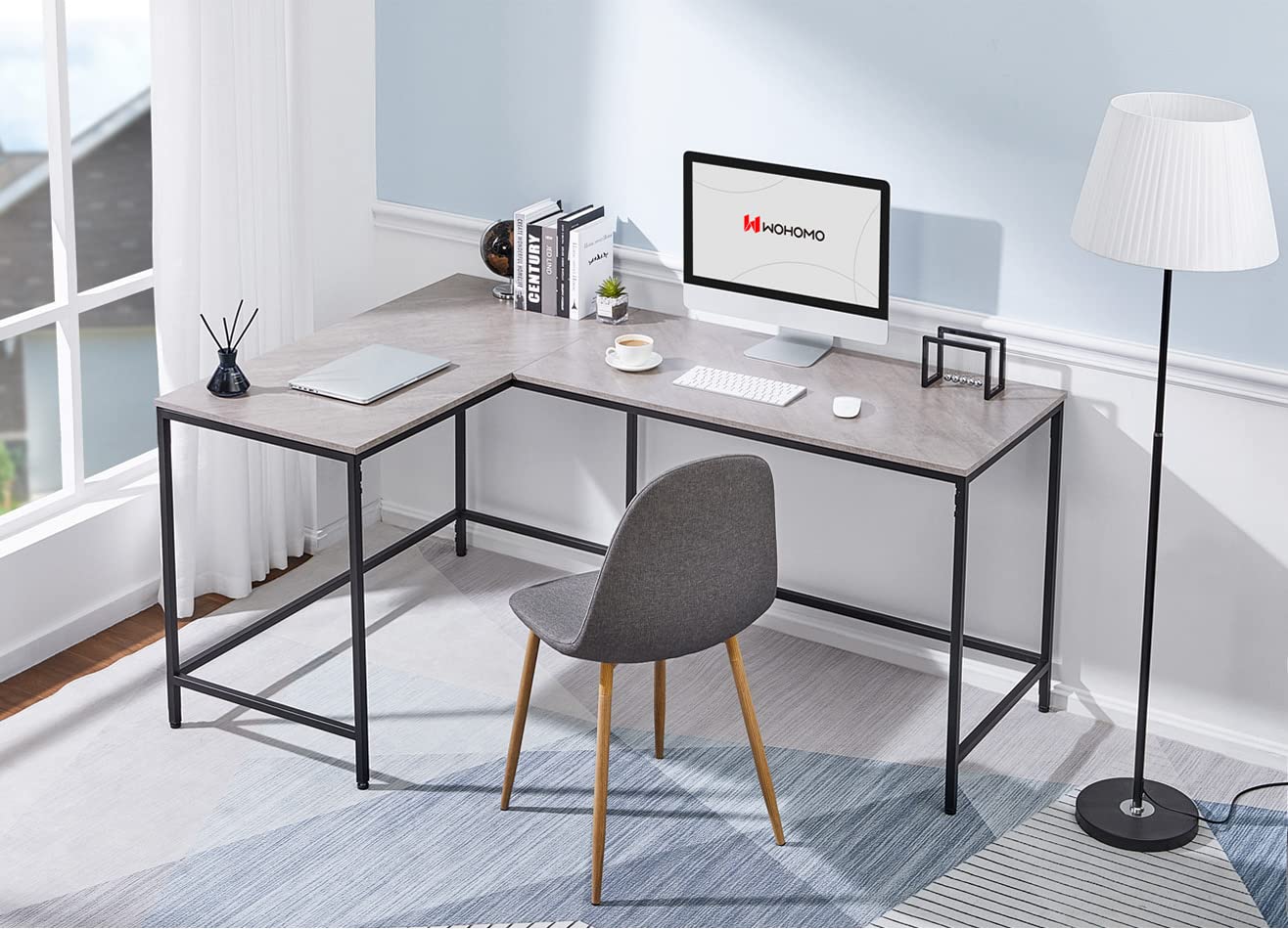 WOHOMO L Shaped Home Office Desk, Quick Lock Large Computer Corner Desk for Home Office Modern Simple Study Writing Table Desk Easy Assembly, Gray Marble
