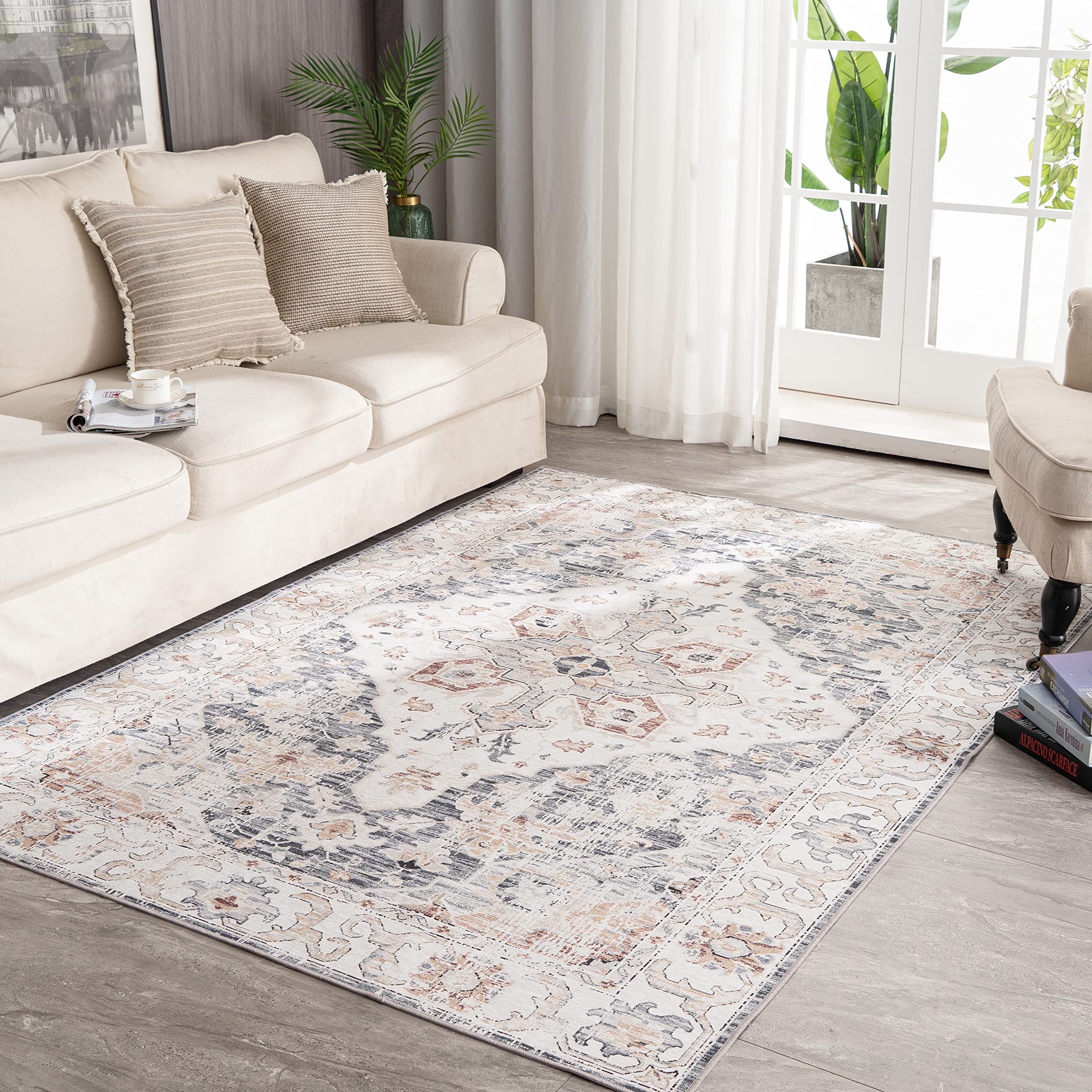 Syalife Vintage Area Rugs Washable Rug, Living Room Rug with Non Slip Backing, Distressed Indoor Carpet Non-Shedding Rug, Vintage Floor Mat Indoor Rug, Grey/Beige/White, 5'x 7'