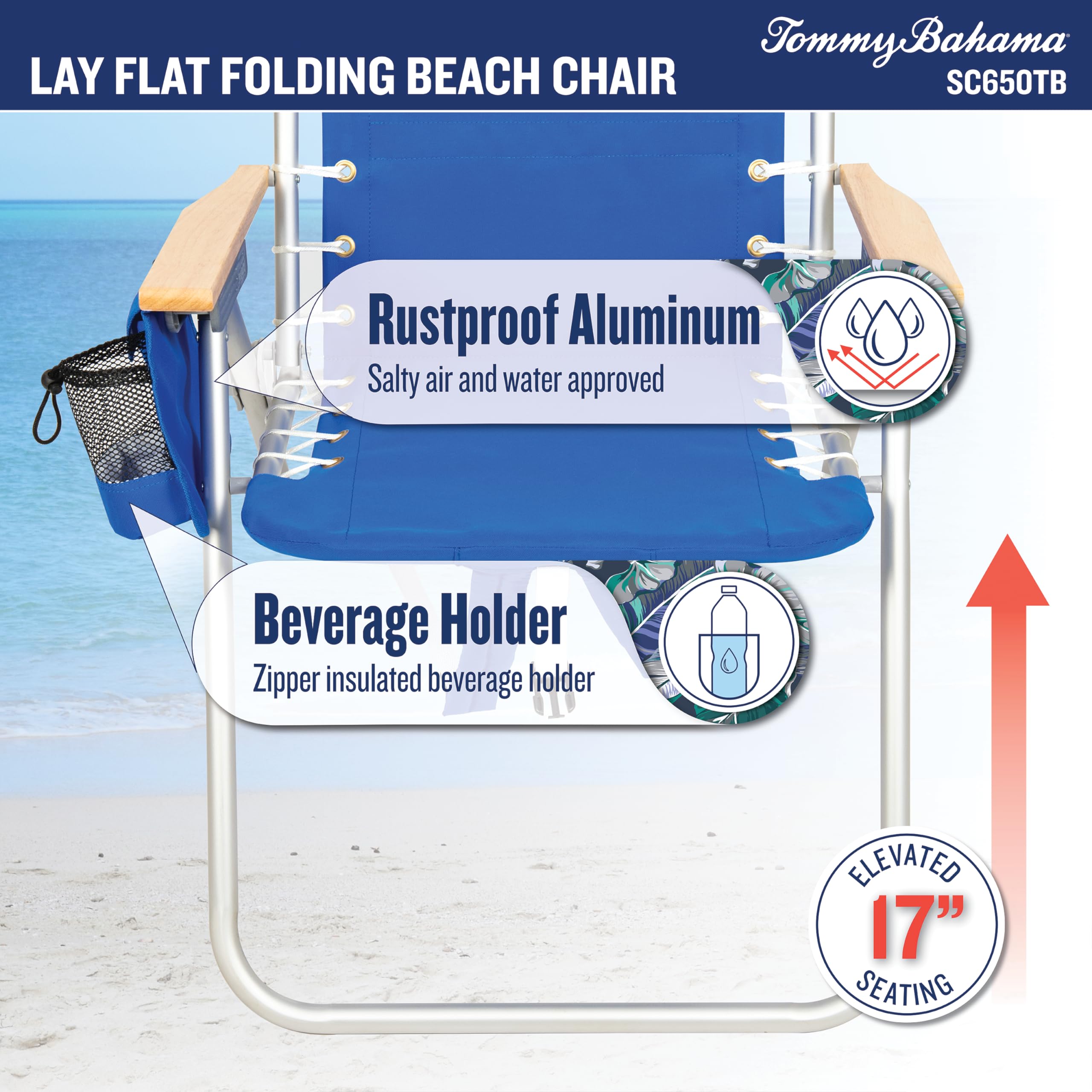 Tommy Bahama Hi-Boy 17" Seat Height 4-Position Lace-Up Suspension Folding Beach Backpack Chair, 1-Pack, Green and Blue Stripe