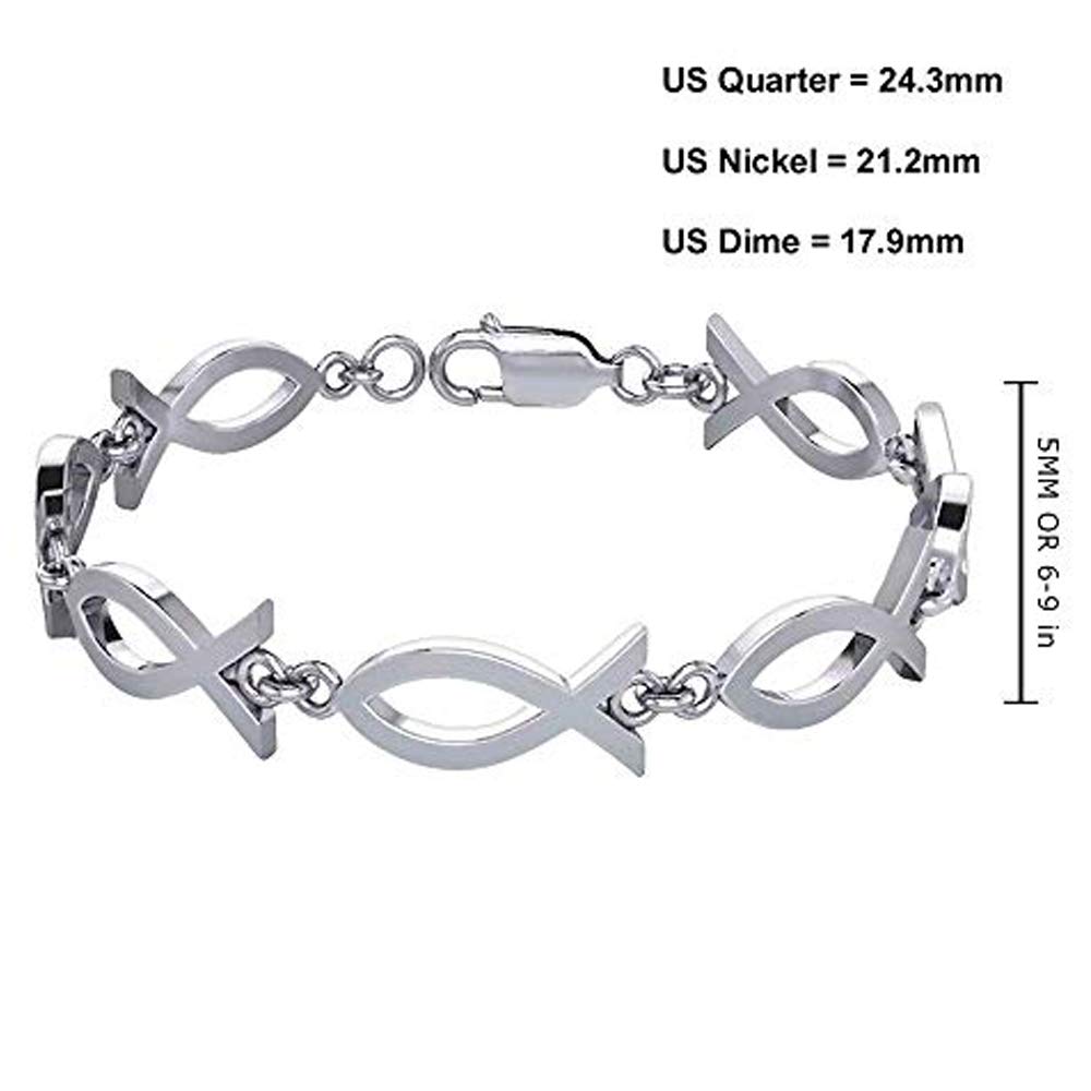US Jewels 925 Sterling Silver Ichthys Religious Jesus Fish Link Bracelet, 9"