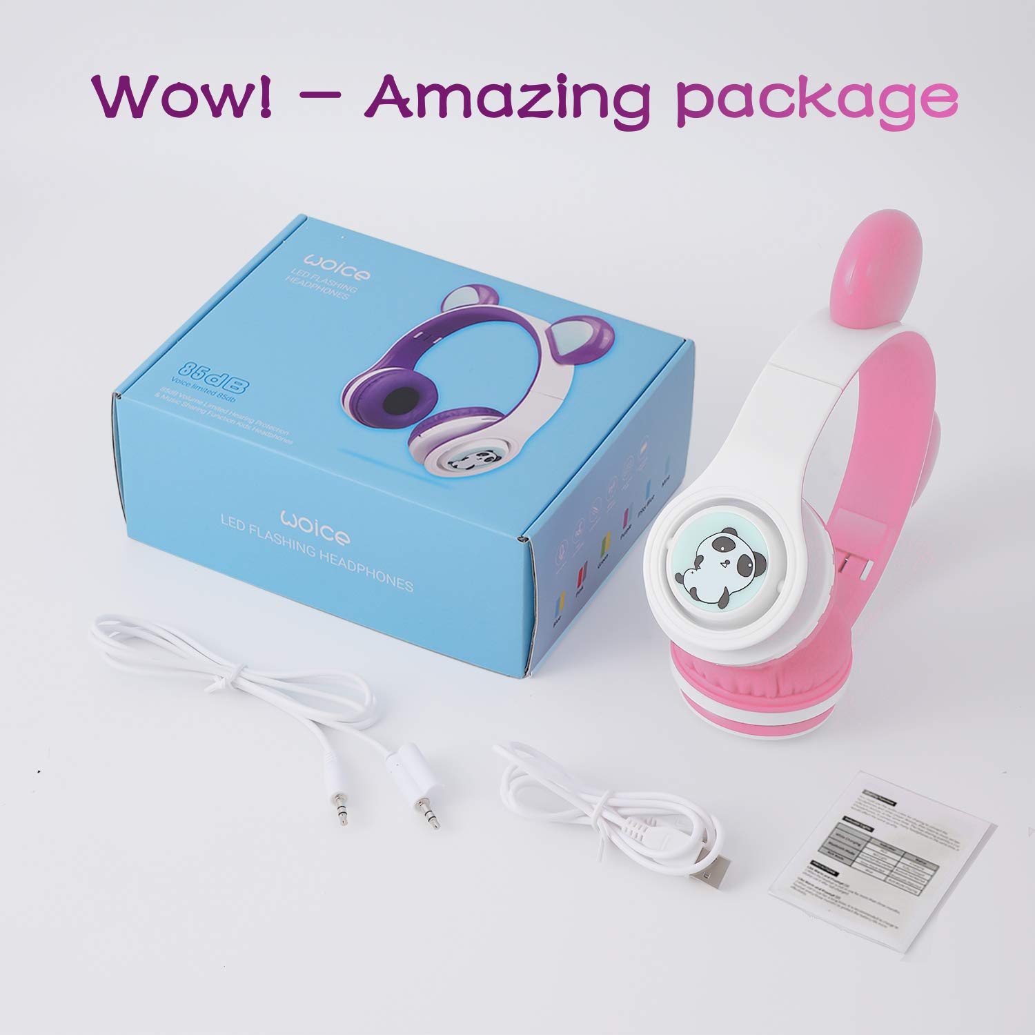 Woice Kids Wireless Headphones, Bluetooth Headphones 85dB Volume Limiting, LED Lights & Music Sharing Function, Girls Boys Wireless/Wired Headphones Over Ear with Mic Pink