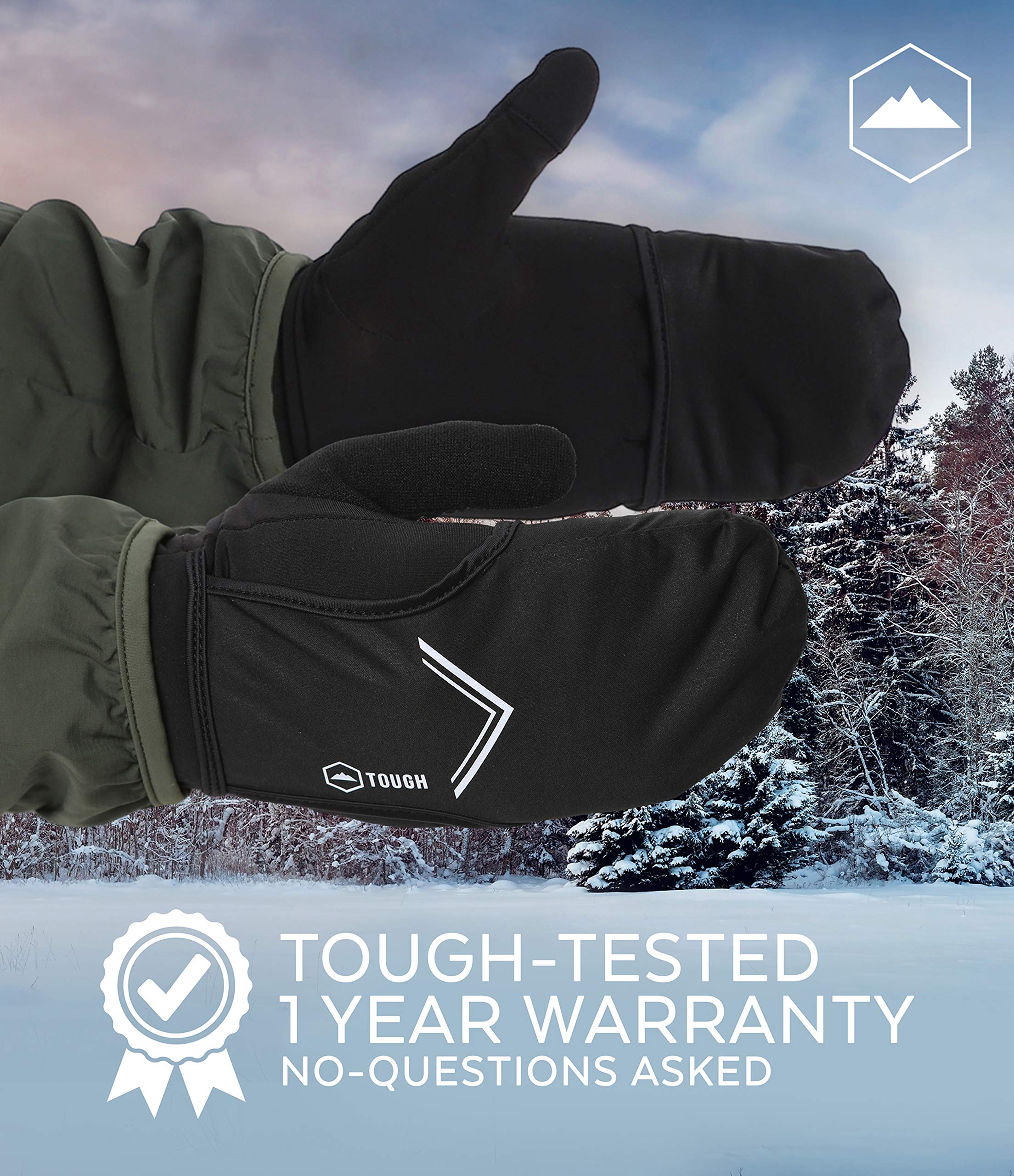 Tough Outdoors Running Mitten Gloves with Touch Screen - Winter Glove Liners with Convertible Mittens Cover for Texting