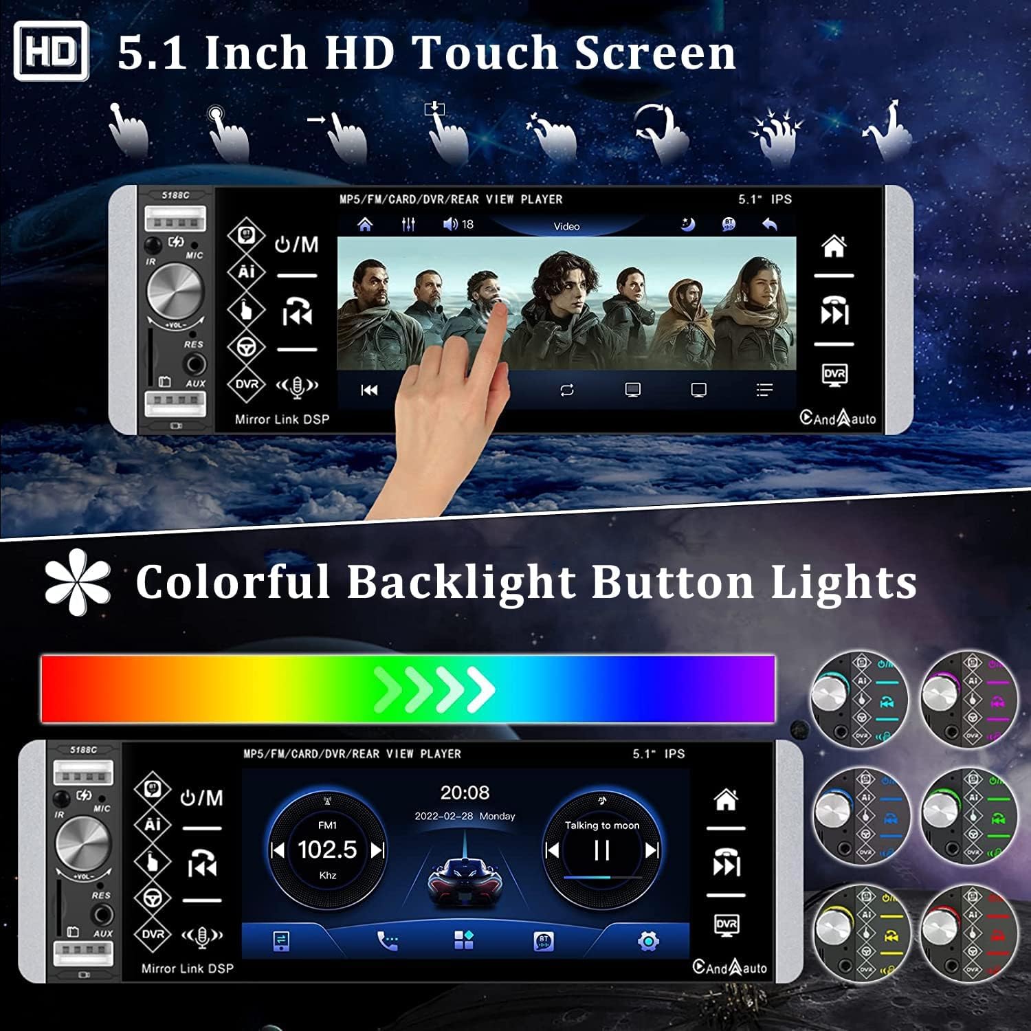 Single Din Car Stereo with Apple Carplay Android Auto, 5.1 Inch Touch Screen MP5 Player with Bluetooth Handsfree/FM/3 USB/TF/AUX-in/Fast Charging + Rear View Camera&Remote Control