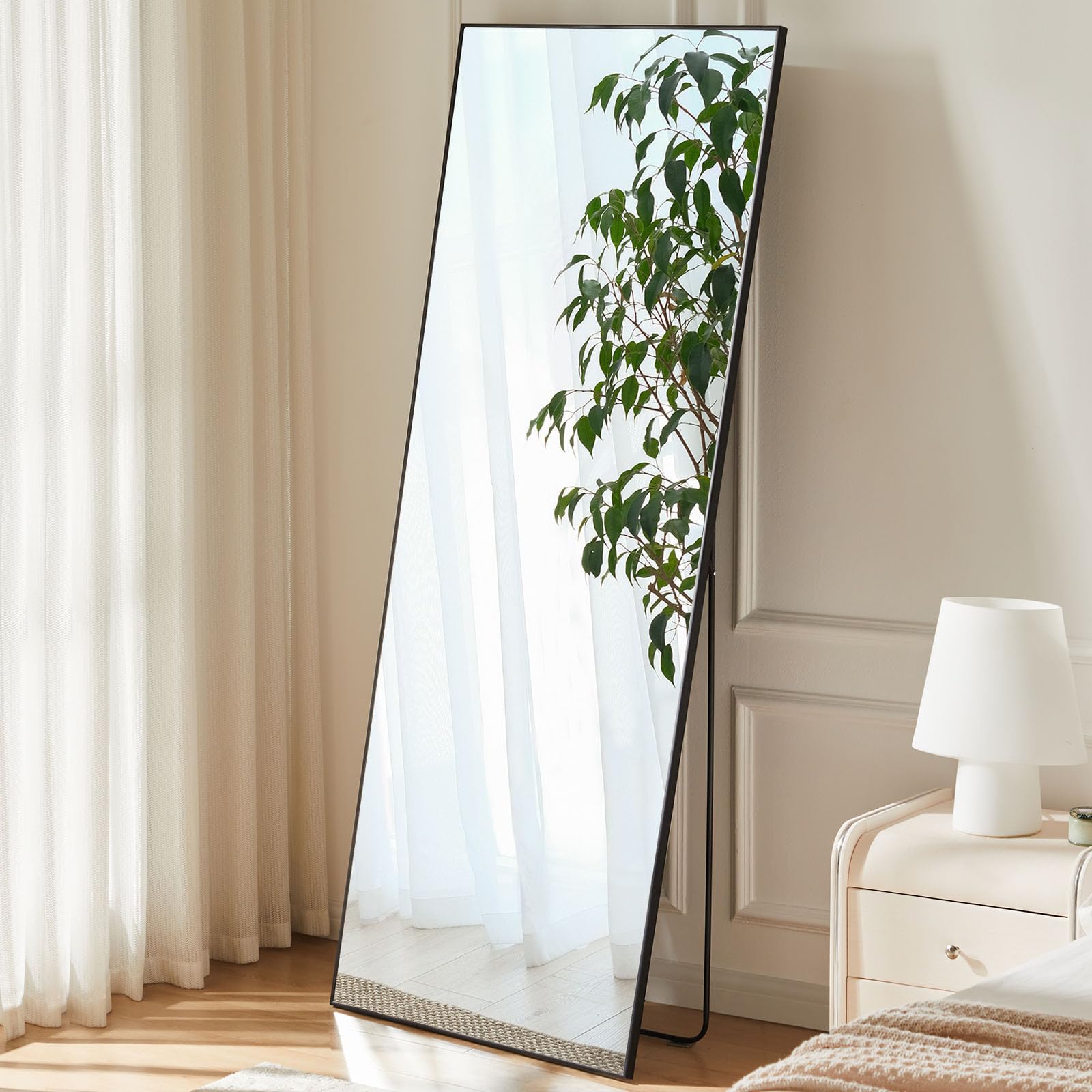 Sweetcrispy 64"x21" Mirror Full Length Floor Standing Full Body Mirror for Bedroom, Large Wall Mirror with Stand Aluminum Alloy Frame Hanging or Leaning Against Wall, Black