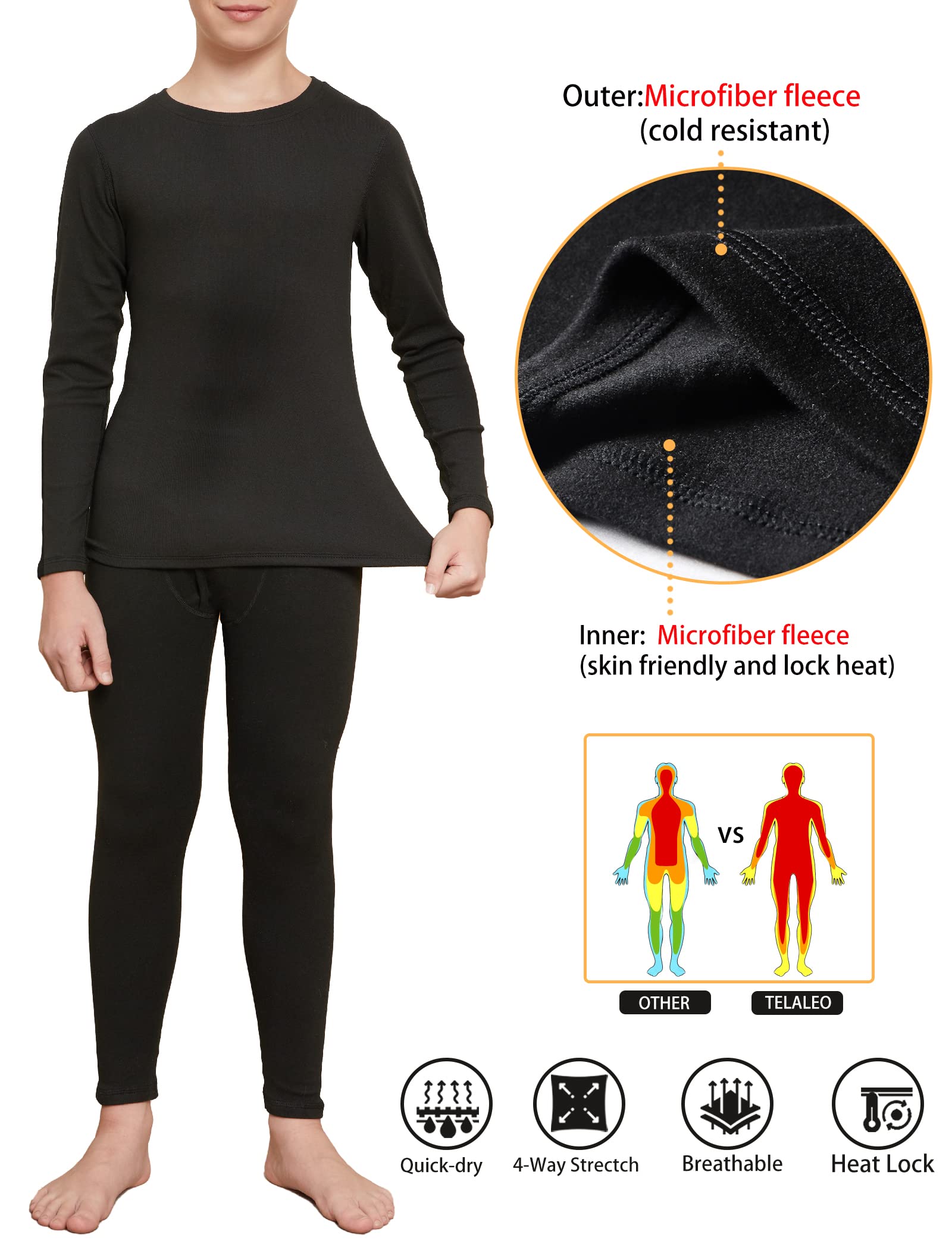 TELALEO Boys Thermal Underwear Set for Kids Long Johns Double Fleece Lined Youth Base Layer with fly Shirt & Pants Sets M Black