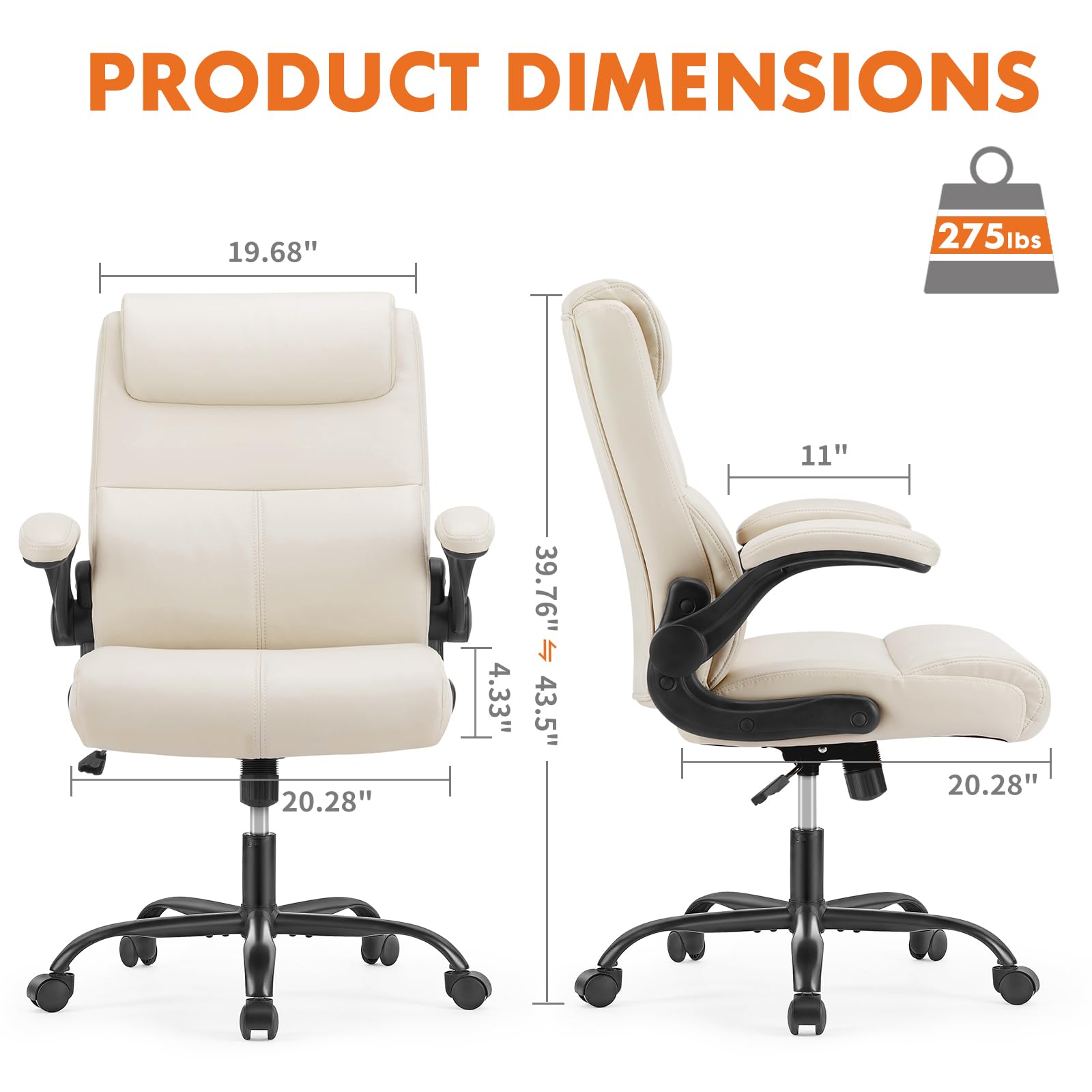 Sweetcrispy Executive Office Chair Beige White Desk Chair with Wheels Height Adjustable PU Leather Office Chair Flip Up Arms Mid Back Computer Chair with Lumbar Support