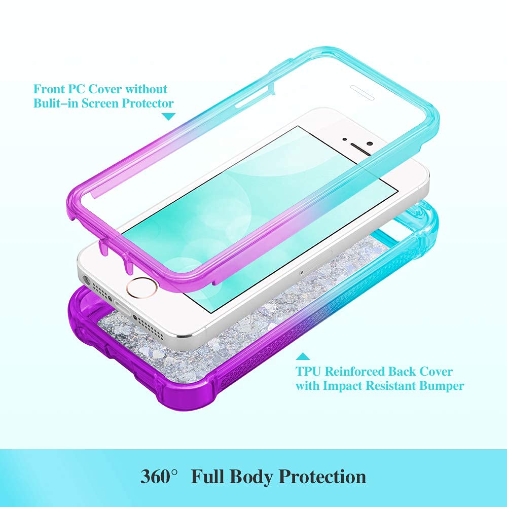 Ruky for iPhone SE Case (2016), iPhone 5 5S Glitter Full Body Case with Built in Screen Protector Shockproof Protective Bling Liquid Girls Case Compatible for iPhone 5 5S SE, Teal Purple