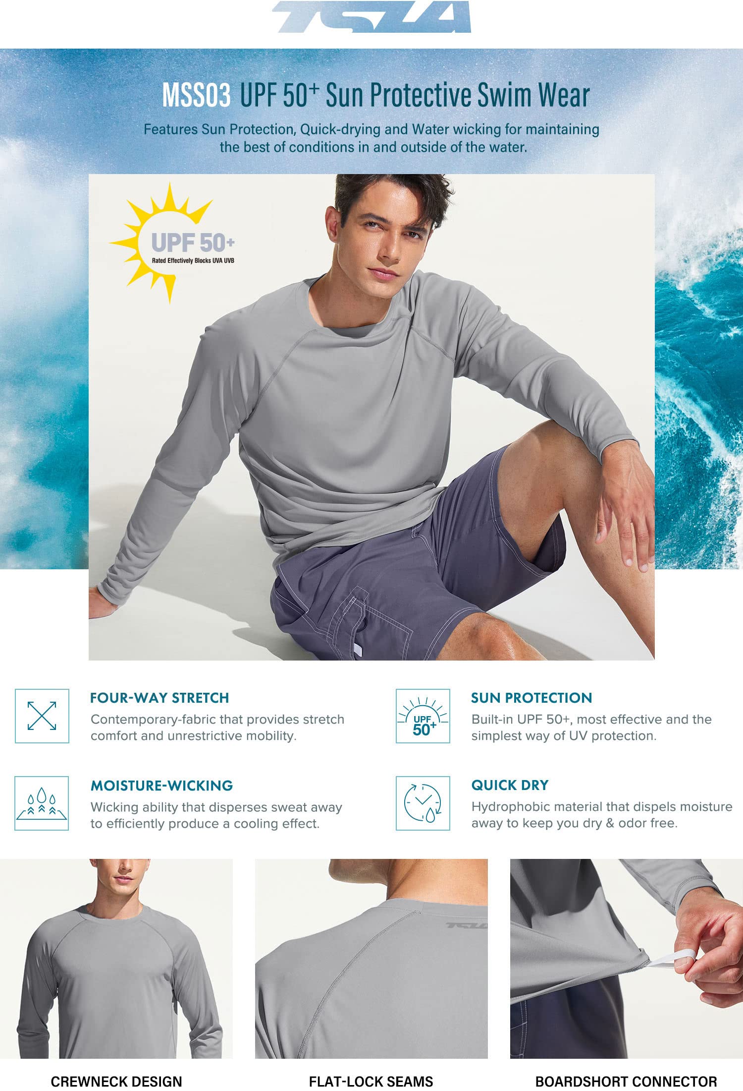 TSLA Men's Rashguard Swim Shirts, UPF 50+ Loose-Fit Long Sleeve Shirts, Cool Running Workout SPF/UV Sun Shirts, Sun Block Light Grey, 3X-Large