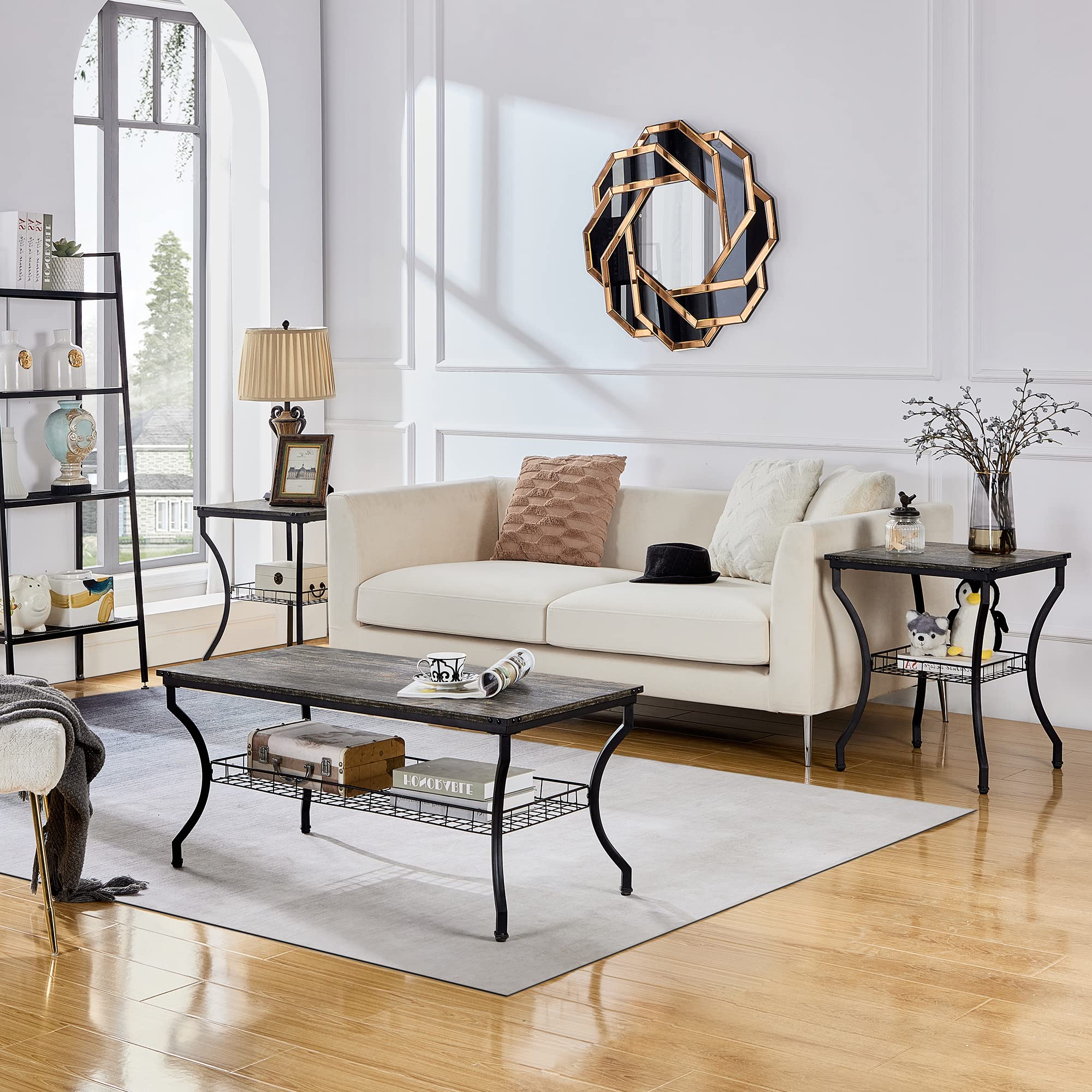 VECELO 3 Pieces Living Room Sets Coffee and End Tables with Open Storage Shelves for Apartment, Home Office, Small Space, Easy Assembly, 39.4 Inches, Brown