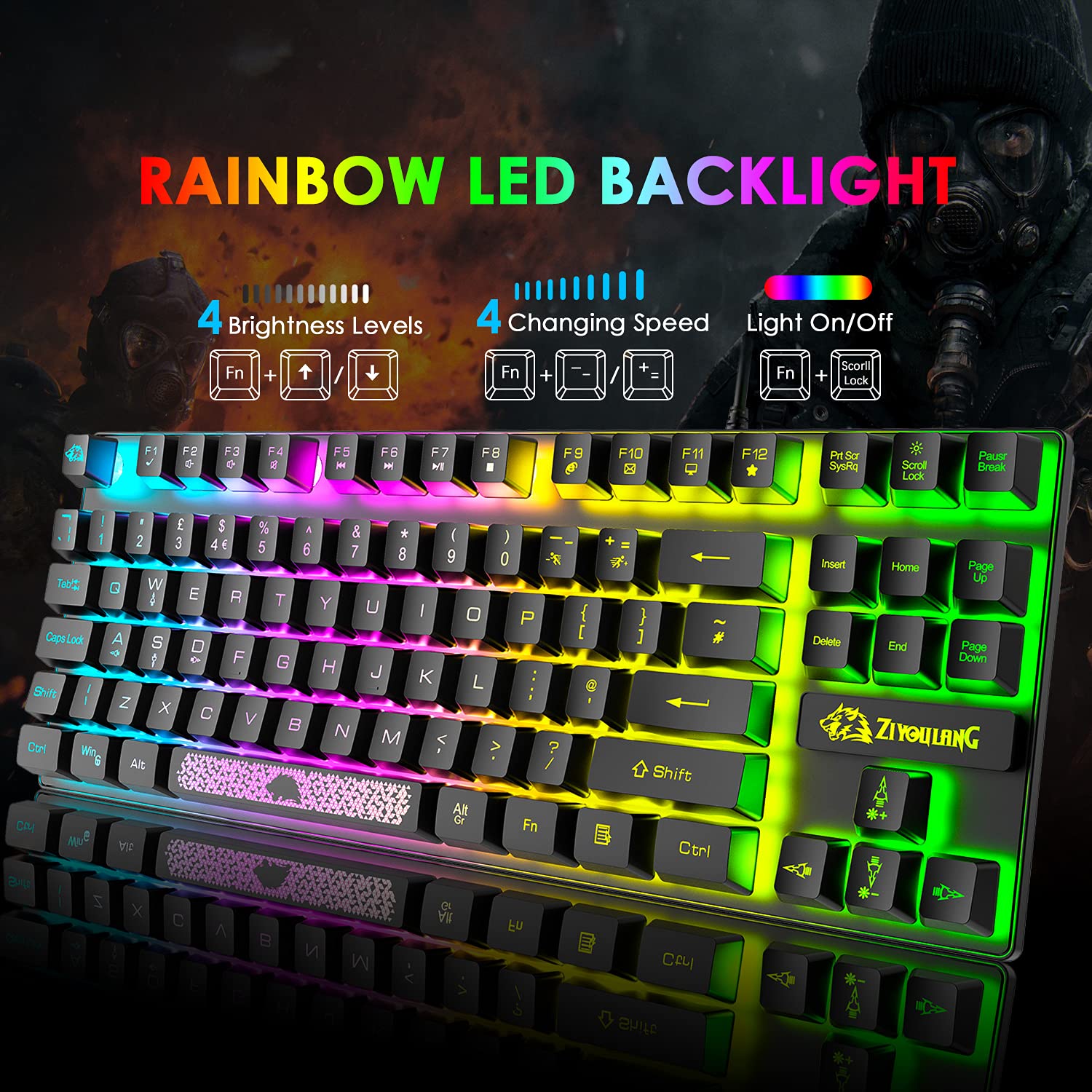 ZIYOU LANG T2Pro 75% Wired Mechanical Feel Keyboard and 6400 DPI Optical Mouse Combo,Compact Rainbow Backlit PC Gaming Keyboard,65g Lightweight Honeycomb Mouse &Pad for Gamer/Win/Mac/Laptop(Blue)