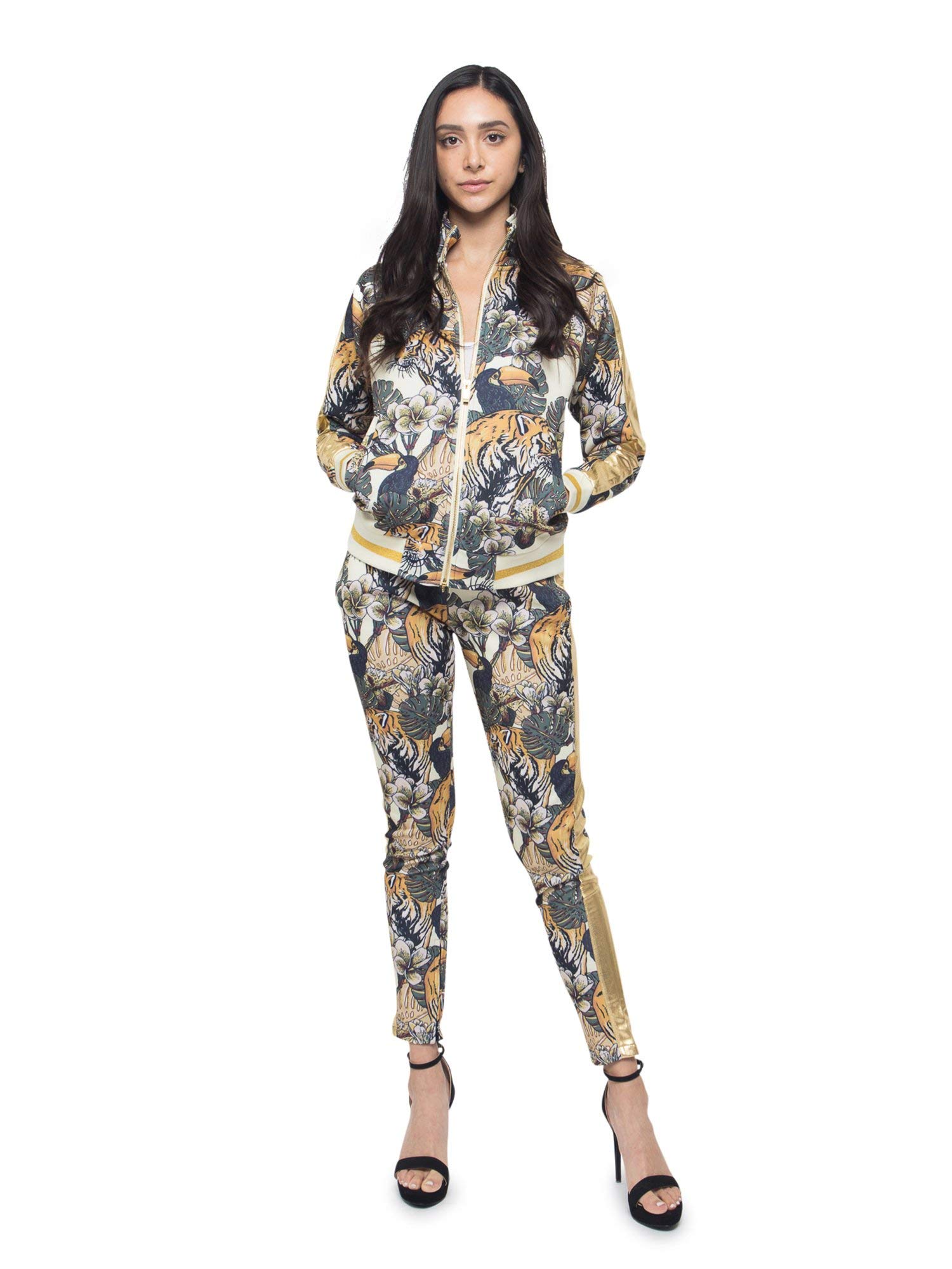VICTORIOUS Women's Royal Jungle Floral Tiger 2 Piece Tracksuit Set - Long Sleeve Sweatshirts and Sweat Pants VL207 - Off-White - Medium - C8F