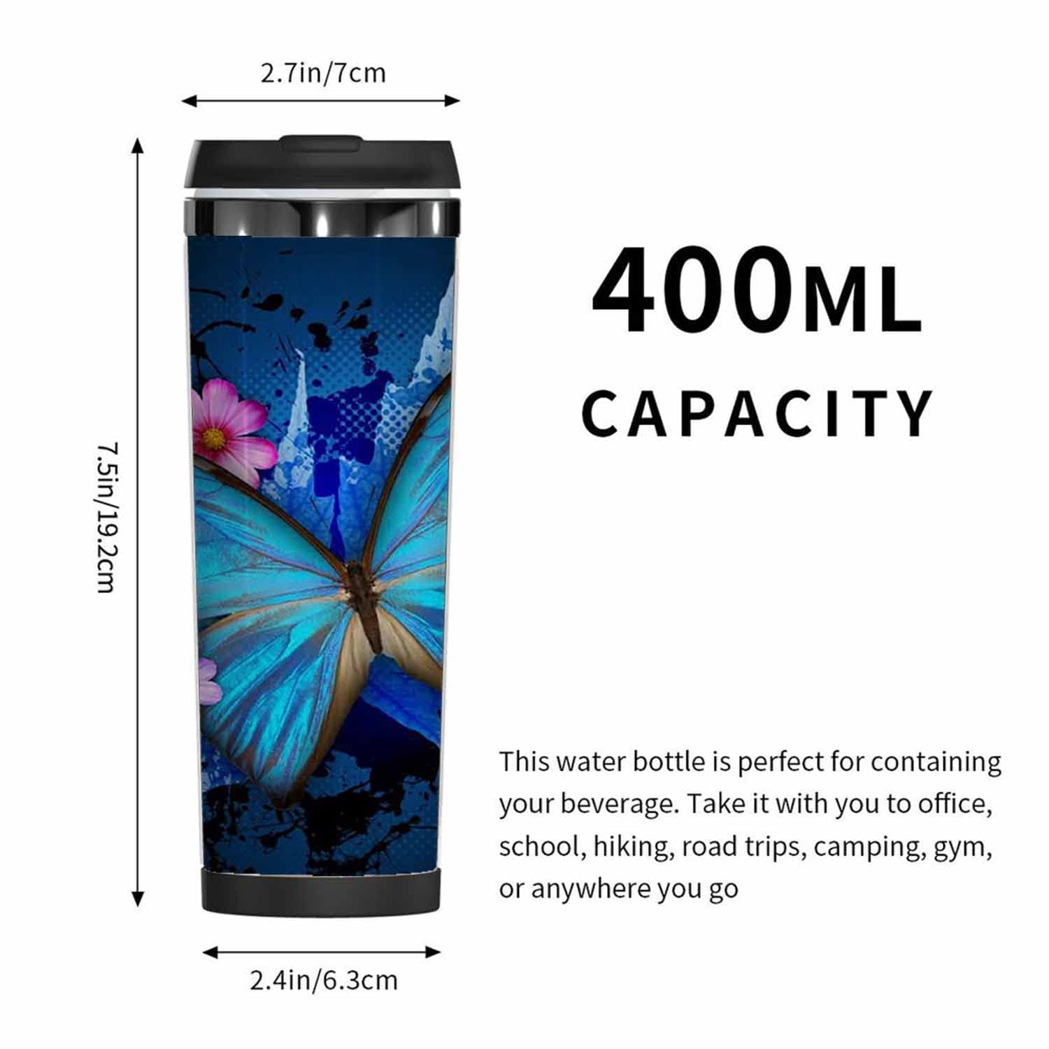 WONDERTIFY Floral Butterfly Coffee Cup Flowers Coffee Mug Stainless Steel Bottle Double Walled Thermo Travel Water Metal Canteen Blue Purple