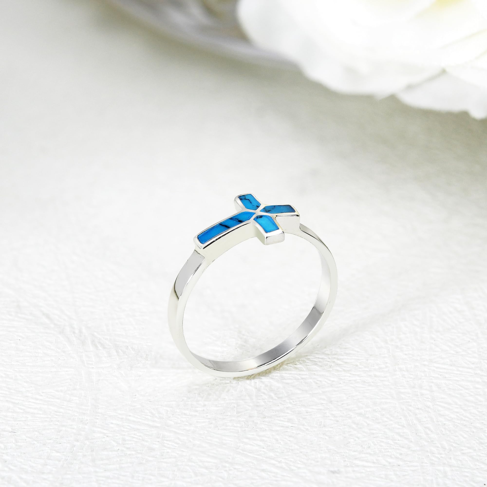 Sideways Cross Simulated Turquoise Inlay .925 Sterling Silver Ring (9)