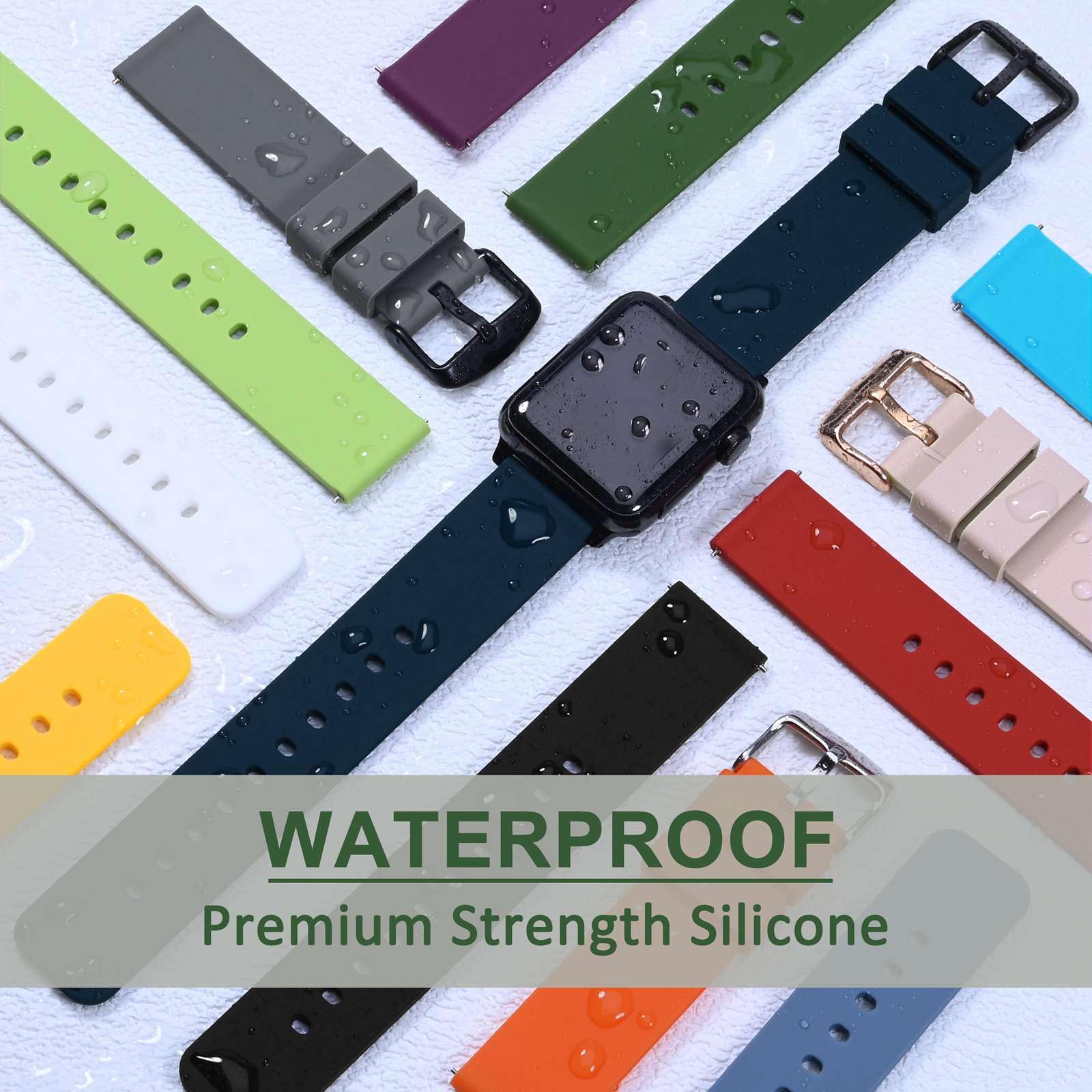 WOCCI 20mm Silicone Watch Band, Quick Release Rubber Replacement Strap with Black Stainless Steel Buckle (Black)