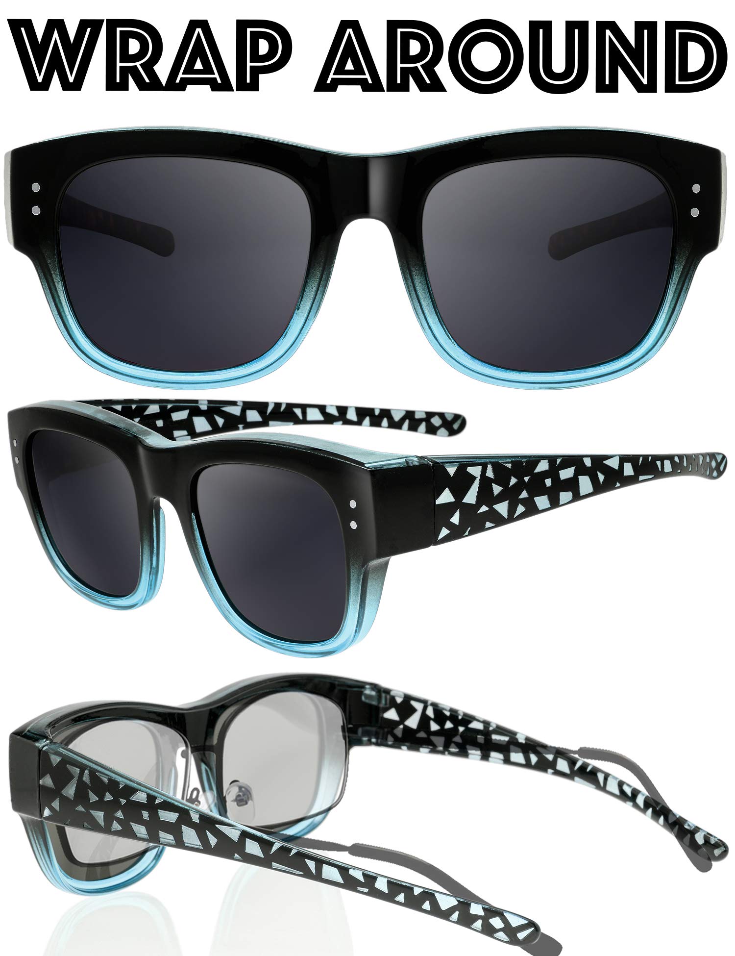 The Fresh High Definition Polarized Wrap Around Shield Oversized Sunglasses for for Large Prescription Glasses - Gift Box Package (F613-Crystal Black/Blue for Large Glasses, Grey)