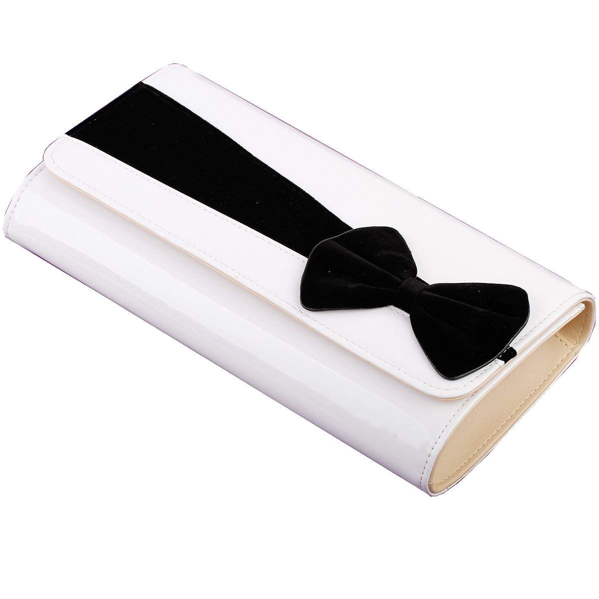 SHOW STORY Dazzling White Red Bow Two Tone Flap Clutch Bag Evening Bag With Detachable Chain,FB90014WT,White