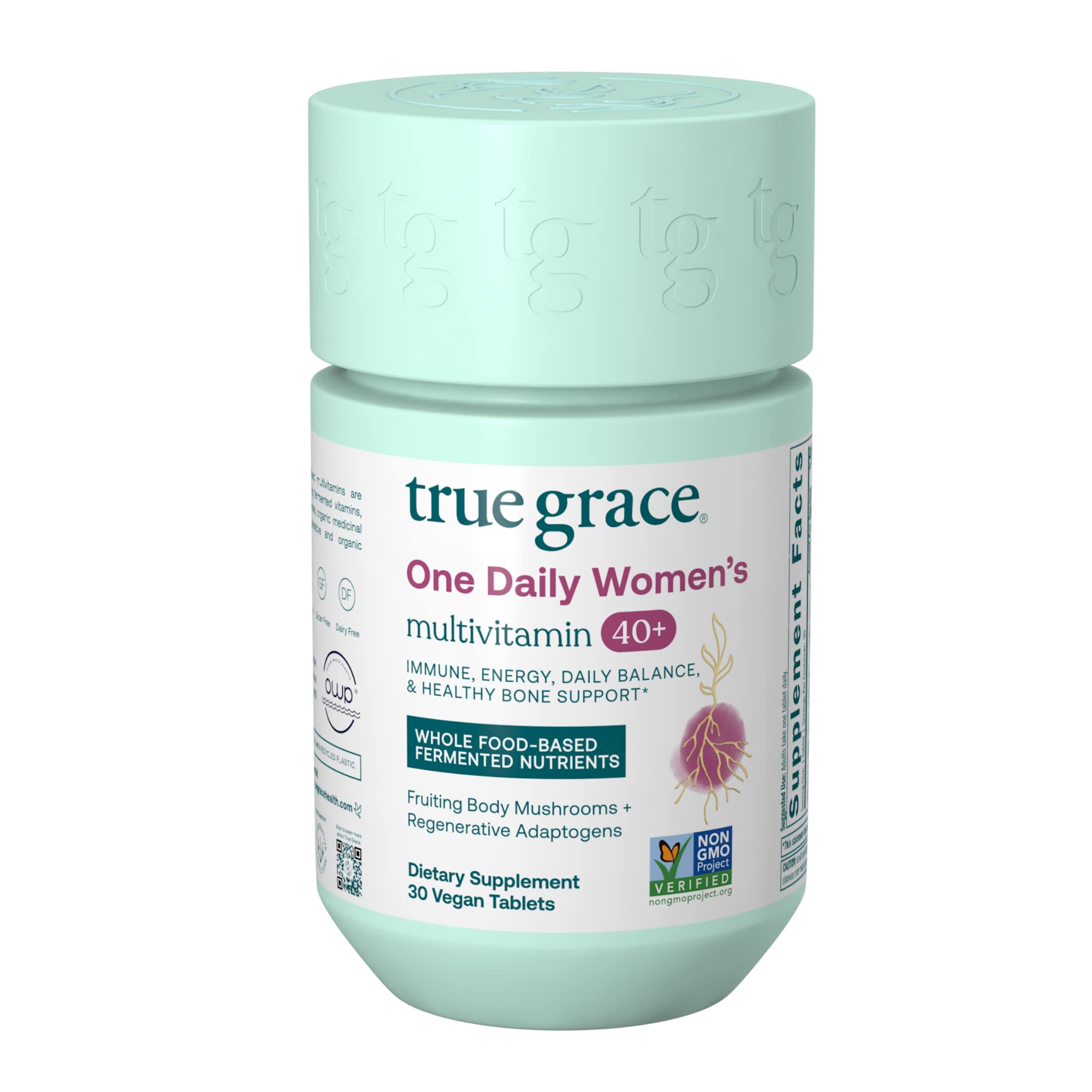 True Grace One Daily Womenâs Multivitamin 40+ Fermented Minerals, Organic Adaptogens & Mushrooms Energy, Immune, Bone, Heart Support - Iron Free, Non-GMO, Gluten Free, Soy Free - 30 Vegan Tablets