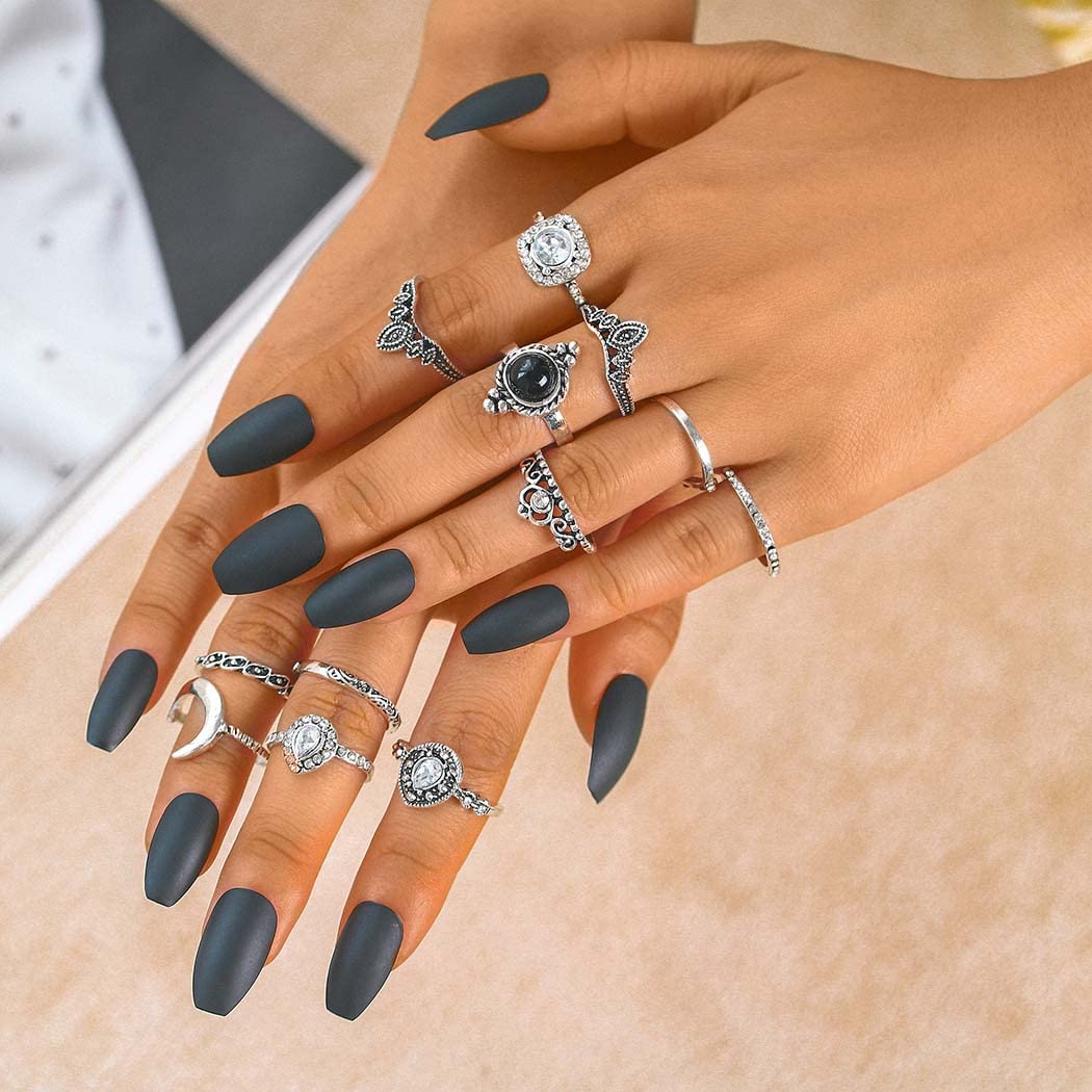 Woeoe 12 PCS Boho Knuckle Stacking Rings Silver Vintage Finger Rings Bling Crystals Moon Midi Rings for Women