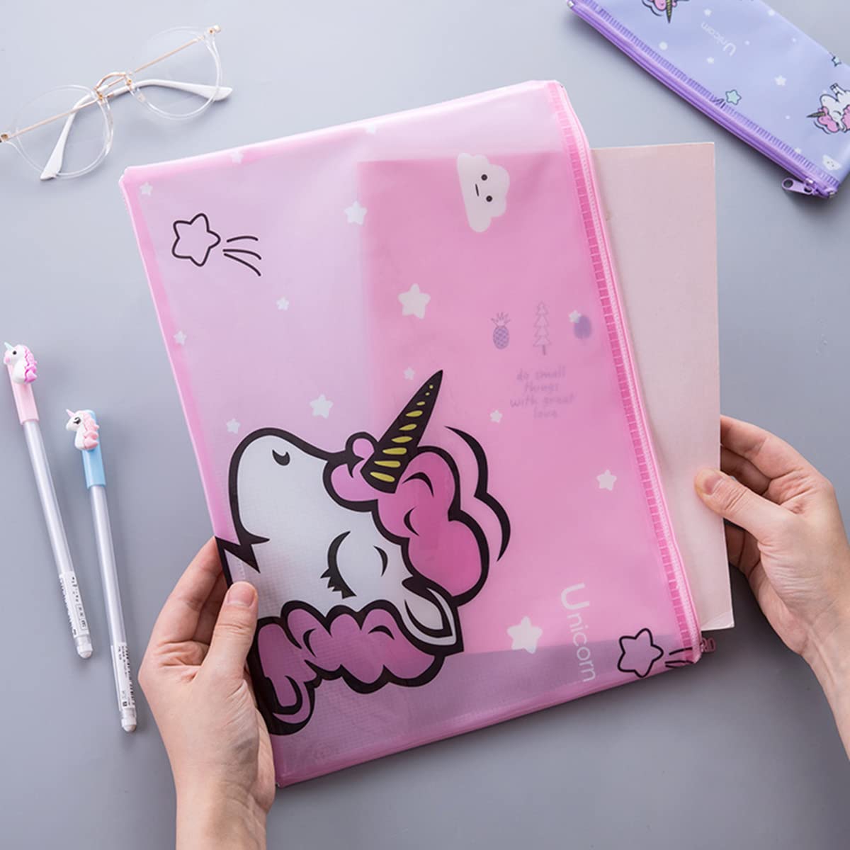 RUSUO PVC Bag, Mini Cute PVC Pen Pencil Bag Cartoon File Folder Cosmetic Mesh Pouch Organizer with Zipper for s s