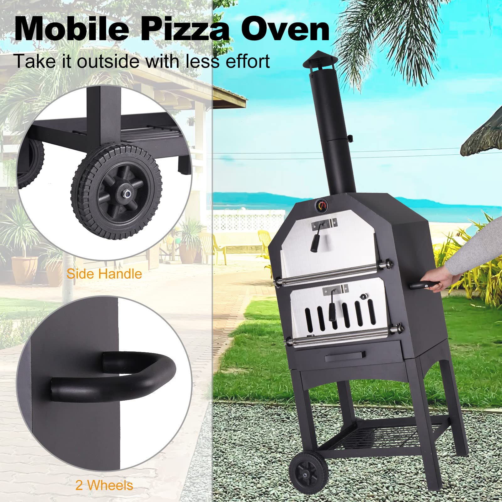 Vonzoy Wood Fired Outdoor Pizza Oven with Waterproof Cover, Pizza Stone and Peel, Wood Burning Pizza Oven with 2 Wheels for Outside