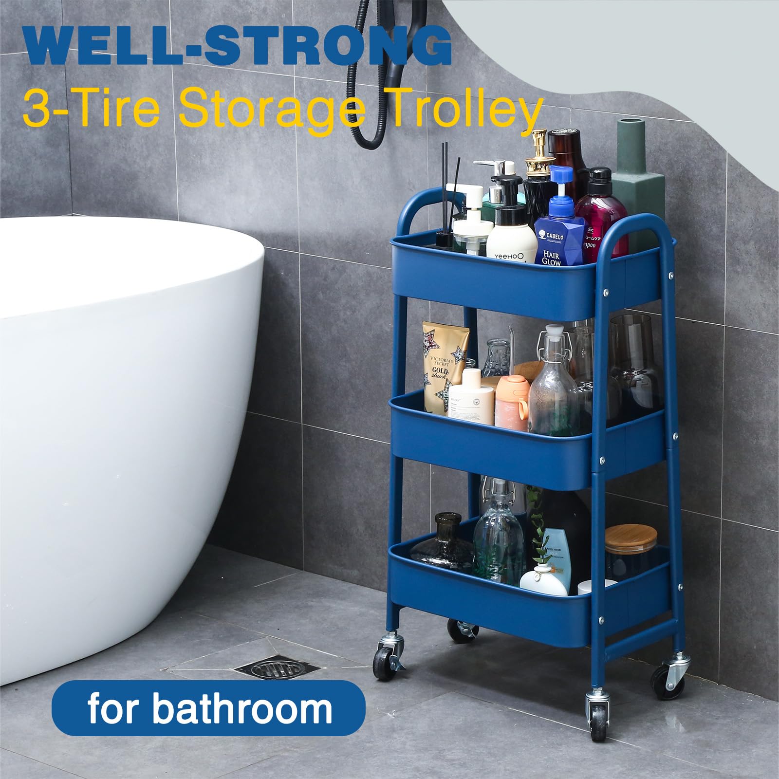 WELL-STRONG Metal Storage Trolley - 3-Tier Rolling Cart with Lockable Wheels - Multi-Purpose Utility Cart with Handle - Mobile Shelving Organizer for Bathroom, Office, Kitchen, Bedroom Navy Blue