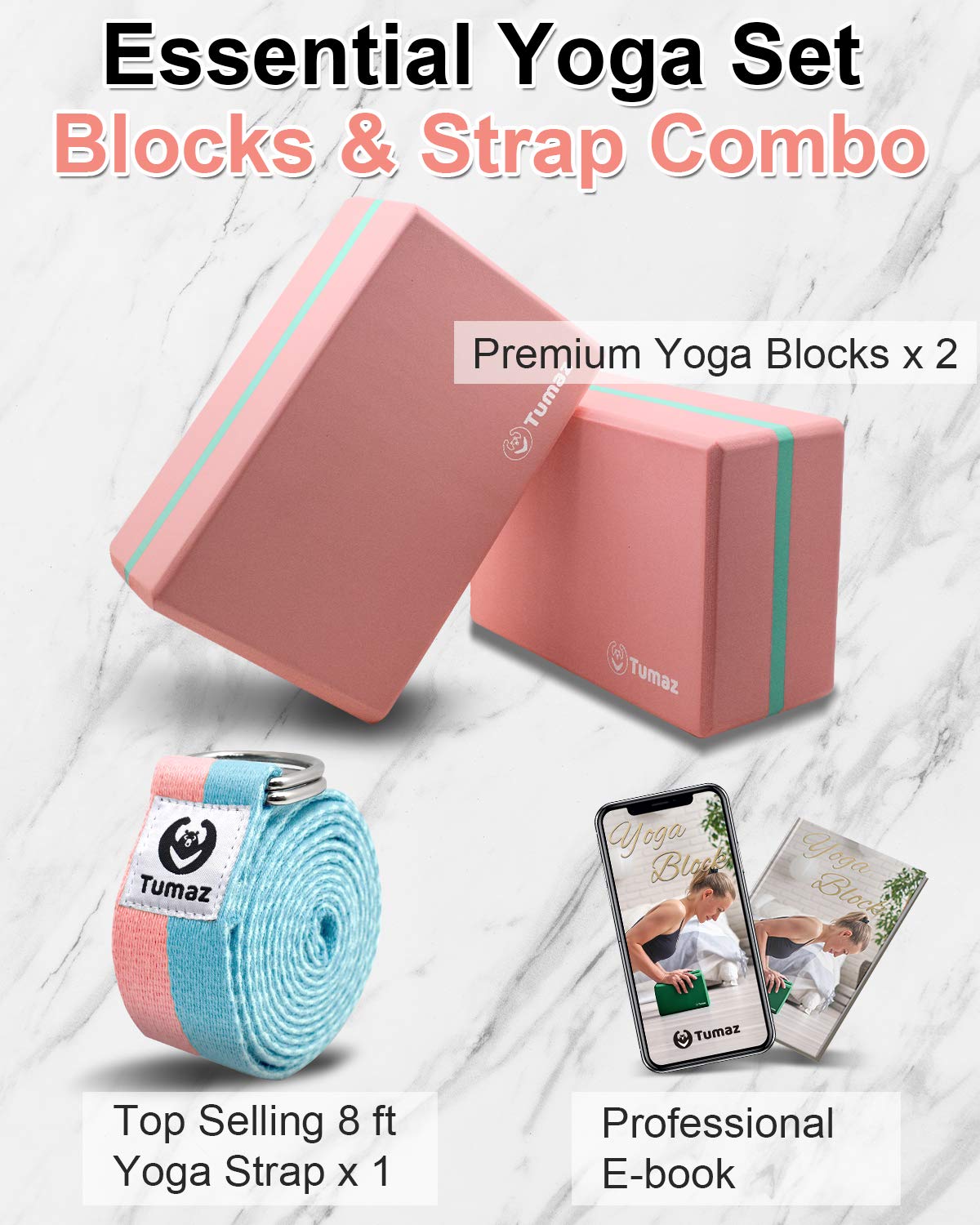 Tumaz Yoga Blocks 2 pack or Yoga Blocks with Strap - Supportive & Non-Slip Surface Exercise Blocks, High Density, Lightweight EVA Foam Yoga Blocks, Yoga Brick for All Yogi