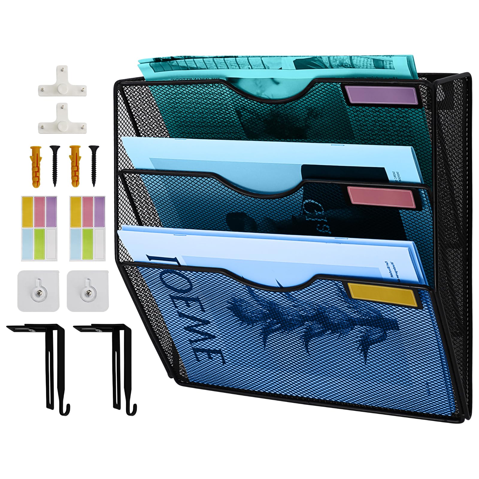 TSDRBWO 3 Tier Hanging Wall File Holder, Metal Mesh File Organizer, Mail Organizer, Wall Mounted Magazine Storage Rack, Magazine Holder Vertical Wall Mounted Mesh Hanging File Folders Paper Organizer