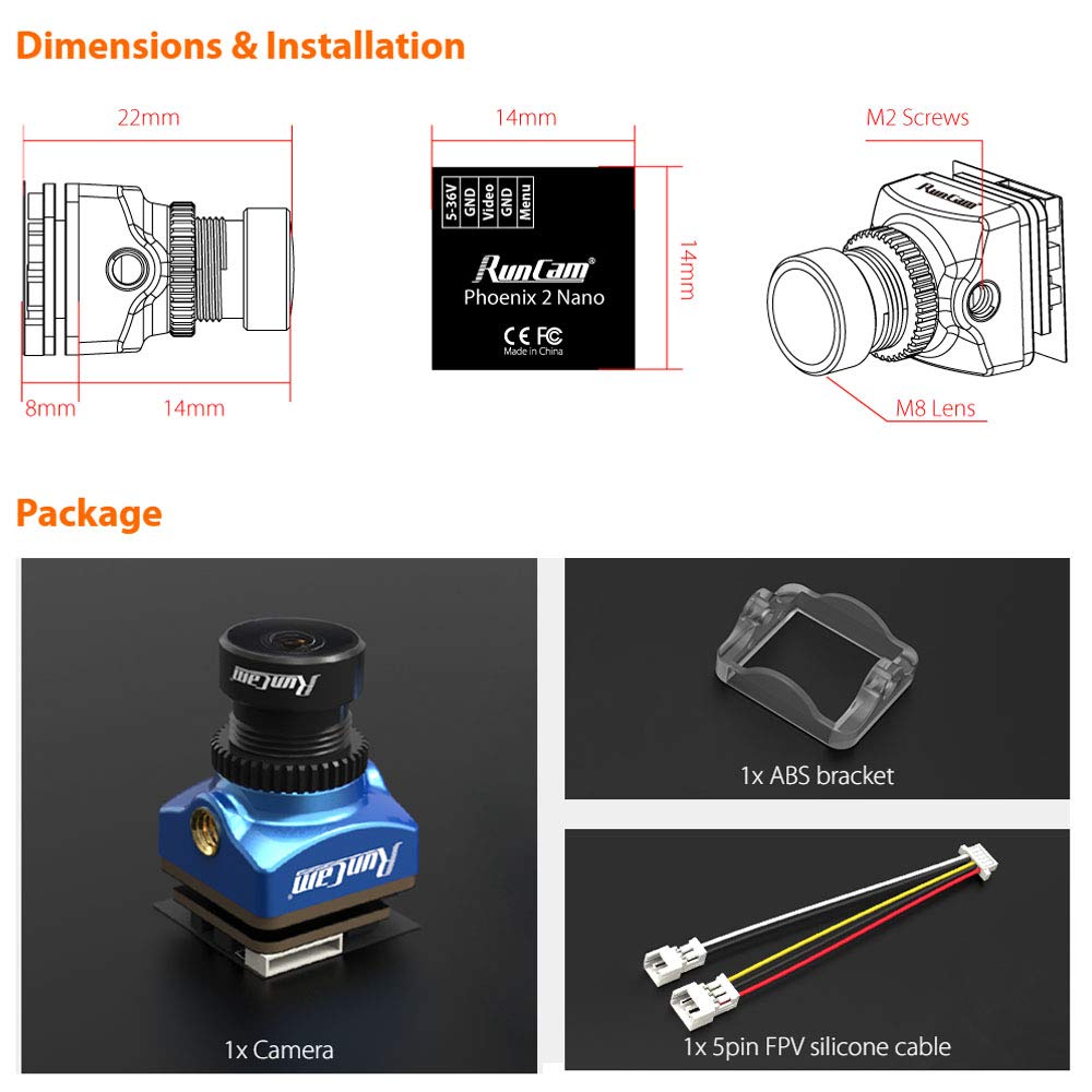 RunCam Phoenix 2 Nano FPV Camera 1000TVL FOV 155 Degree 1/2inch Super Global WDR Image Sensor Mini Cam with 2.1mm Lens 4:3 16:9 Switchable for RC FPV Racing Drone Quadcopter