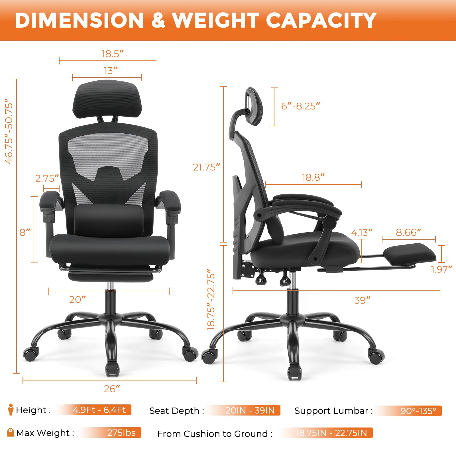 Sweetcrispy Office Computer Desk Chair, Mesh Rolling Work Swivel Ergonomic High-Back Chairs with Wheels, Comfortable Lumbar Support, Comfy Arms for Home, Bedroom, Study, Student, Black