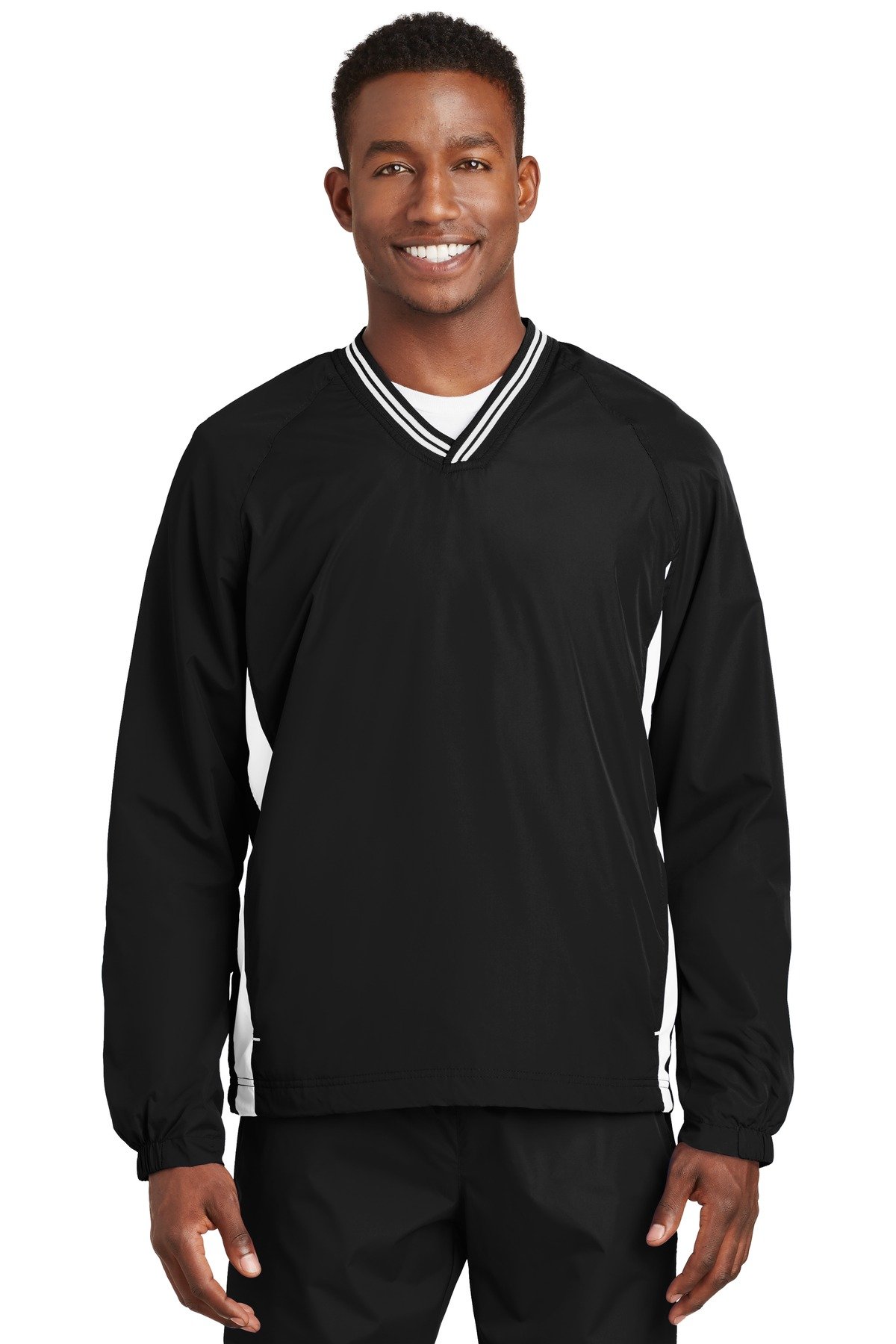 SPORT-TEK Tipped V-Neck Raglan Wind Shirt F20 Black/White