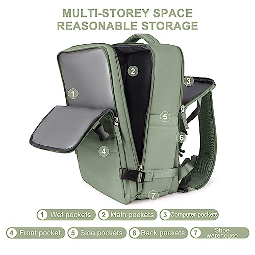 UPPACK Travel Backpack For Women Men Carry On Backpack Flight Approved Gym Bag With Shoe Compartment Hiking Waterproof Laptop Backpack College Essentials Grey Green