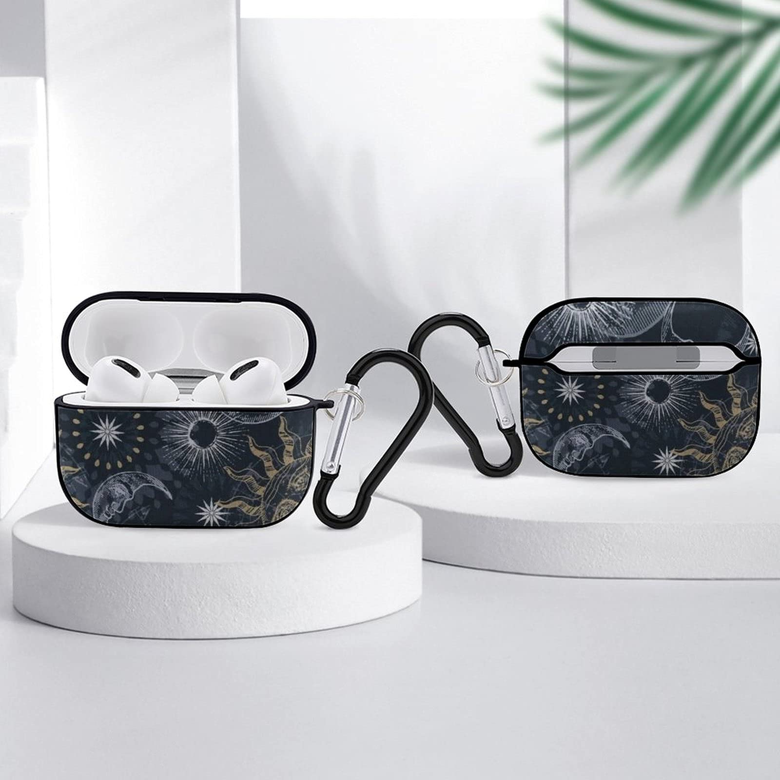 Unique Case Cover Compatible with AirPods Pro Wireless Charging Case for Women Men, Psychedelic Sun Moon Stars Tie Dye Headphone Case Cover, Front LED Visible with Keychain