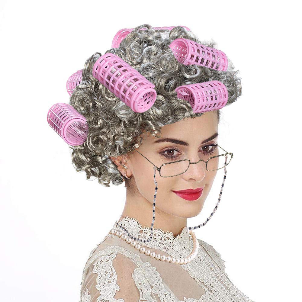 qnprt Old Lady Cosplay Set - Grandmother Wig, Wig Cap,Madea Granny Glasses, Eyeglass Chains Cords Strap, Pearl Beads (Style2-1)