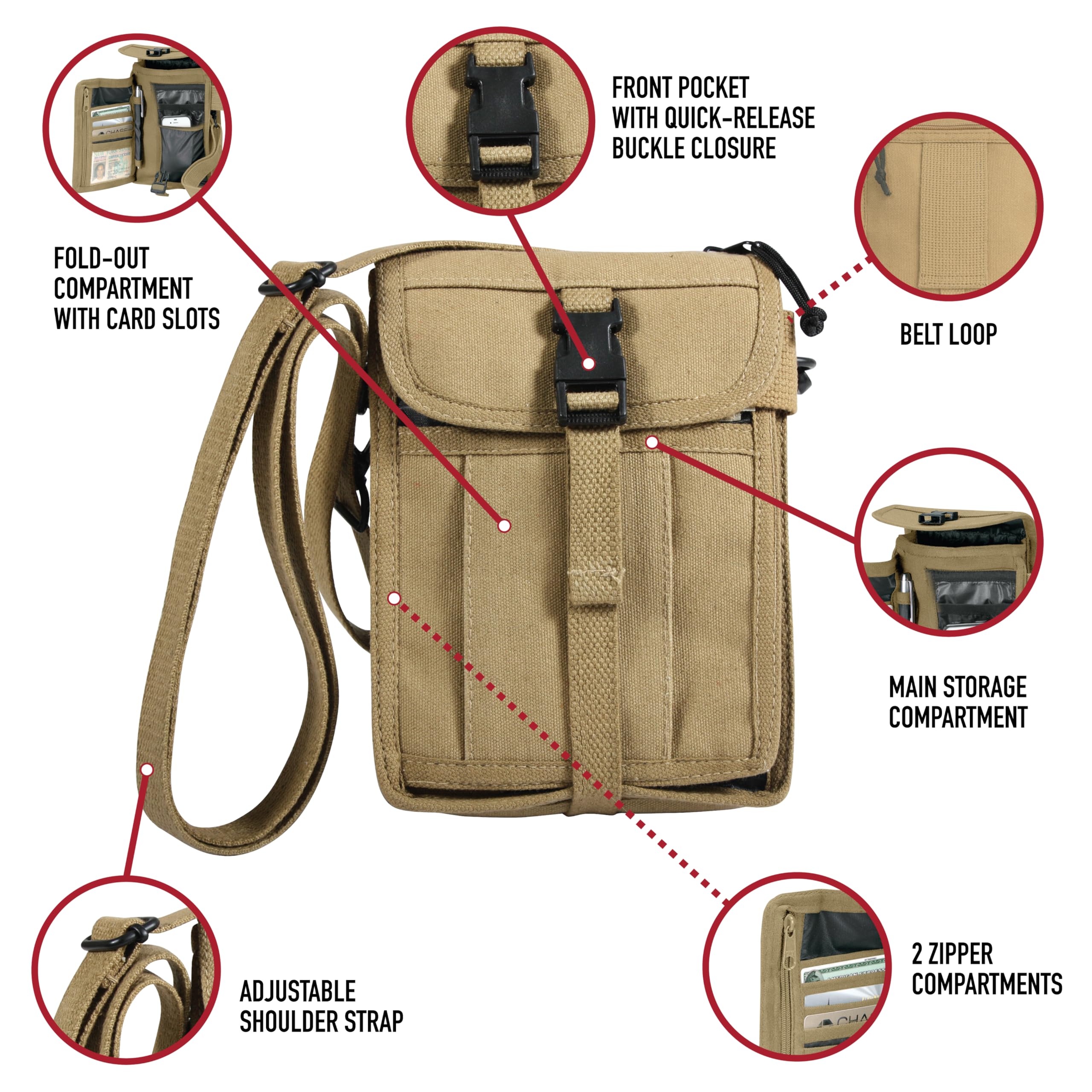 Rothco Heavyweight Canvas Travel Portfolio Bag β Crossbody Shoulder Bag β Heavy-Duty Cotton Canvas - Coyote Brown