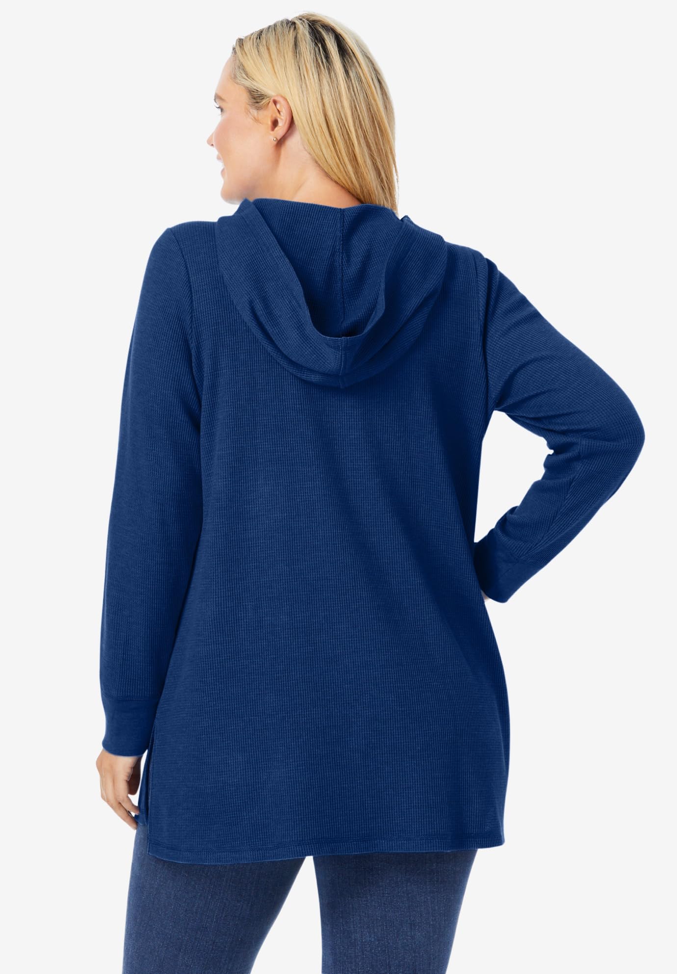 Woman Within Women's Plus Size Washed Thermal Lace-Up Hooded Sweatshirt - 30/32, Black