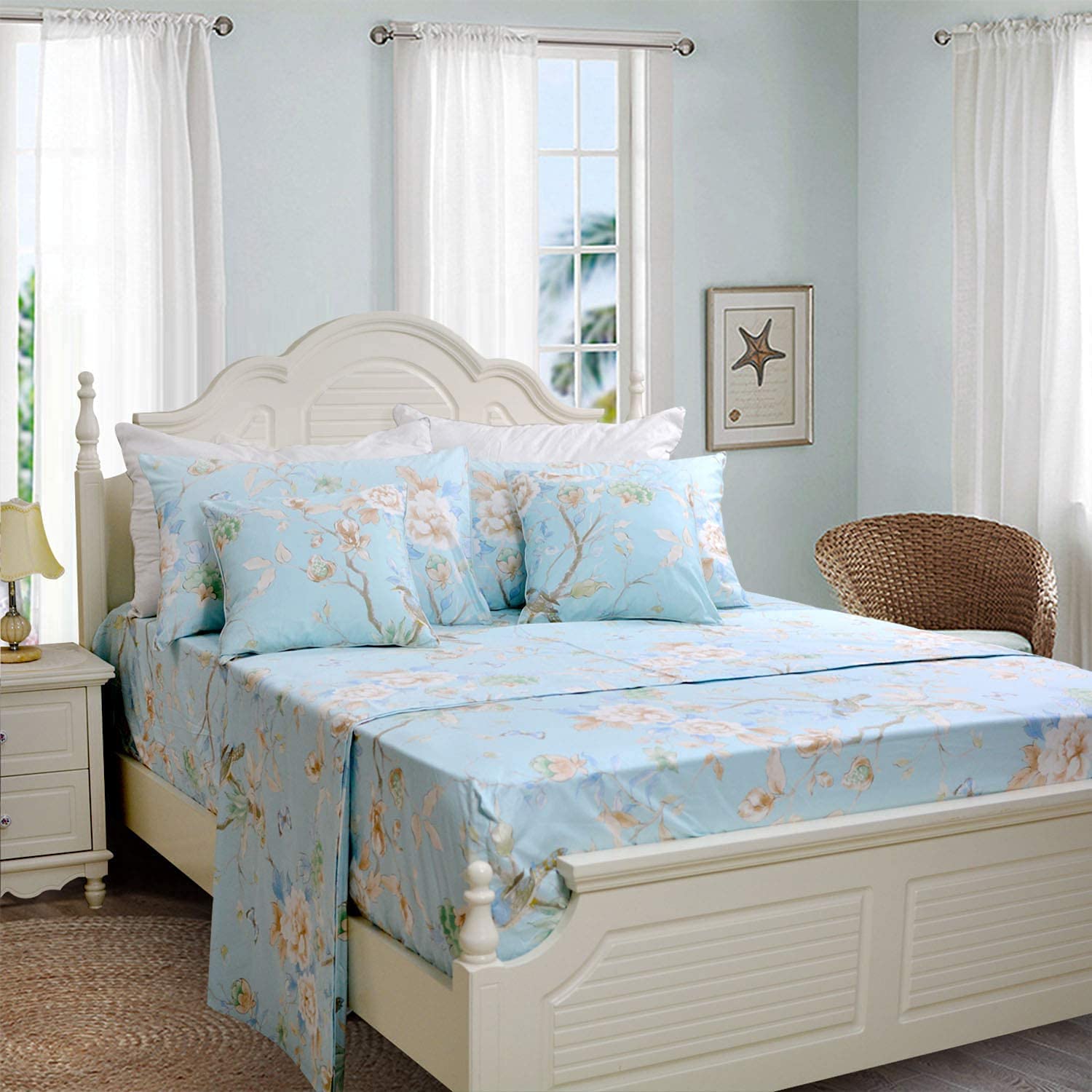 Usning White Floral Sheet Set Queen, 100% Egyptian Cotton Shabby Floral with Butterfly Pattern Printed, 800 Thread Count-Deep Pocket-Super Soft-Breathable Bed Sheets Set, 4-Piece Queen Size