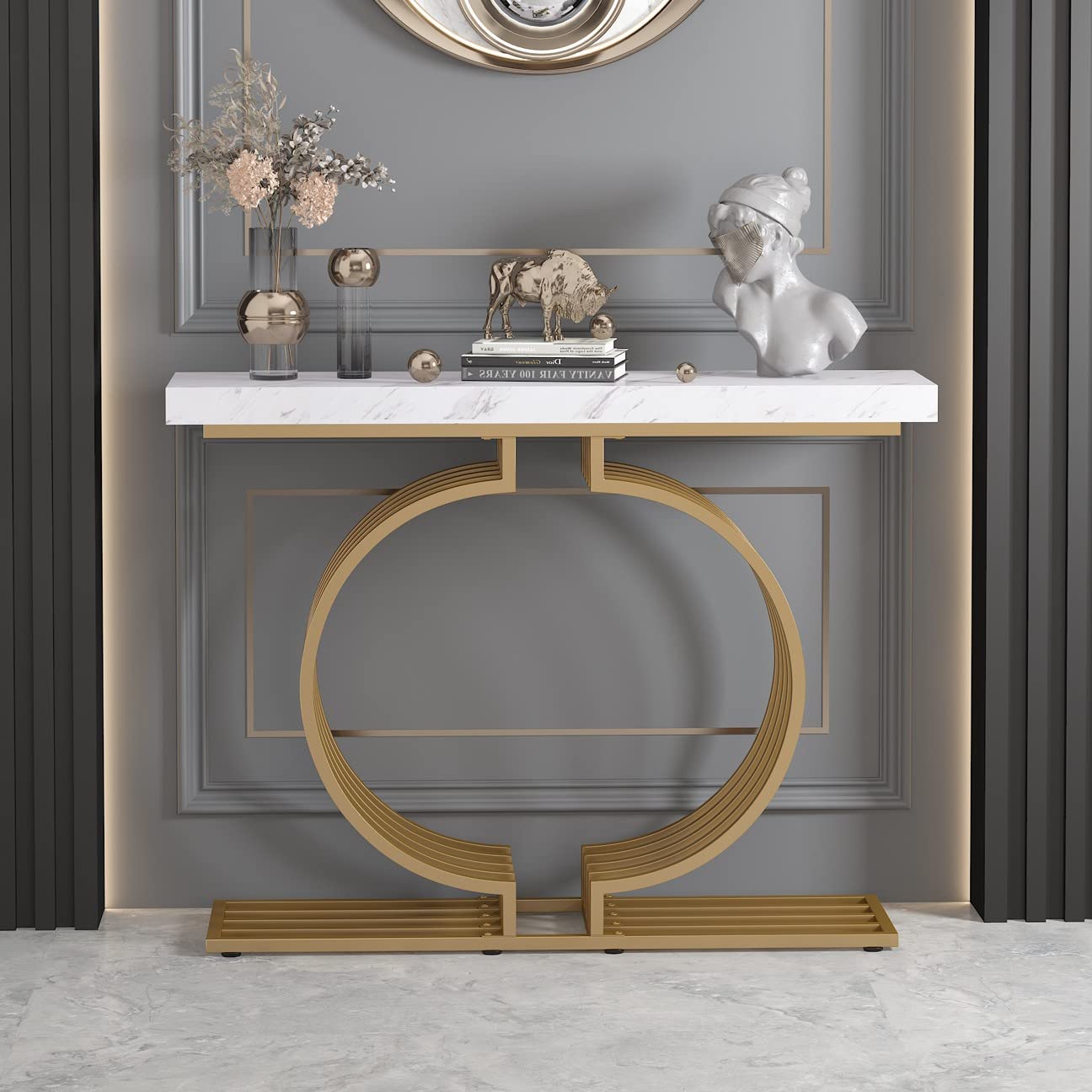 Tribesigns Modern Console Table with Gold Base, 40 inch Geometric Entryway Sofa Table Narrow Long, Contemporary Accent Table for Living Room, Entryway, Hallway, Entrance, Faux Marble White