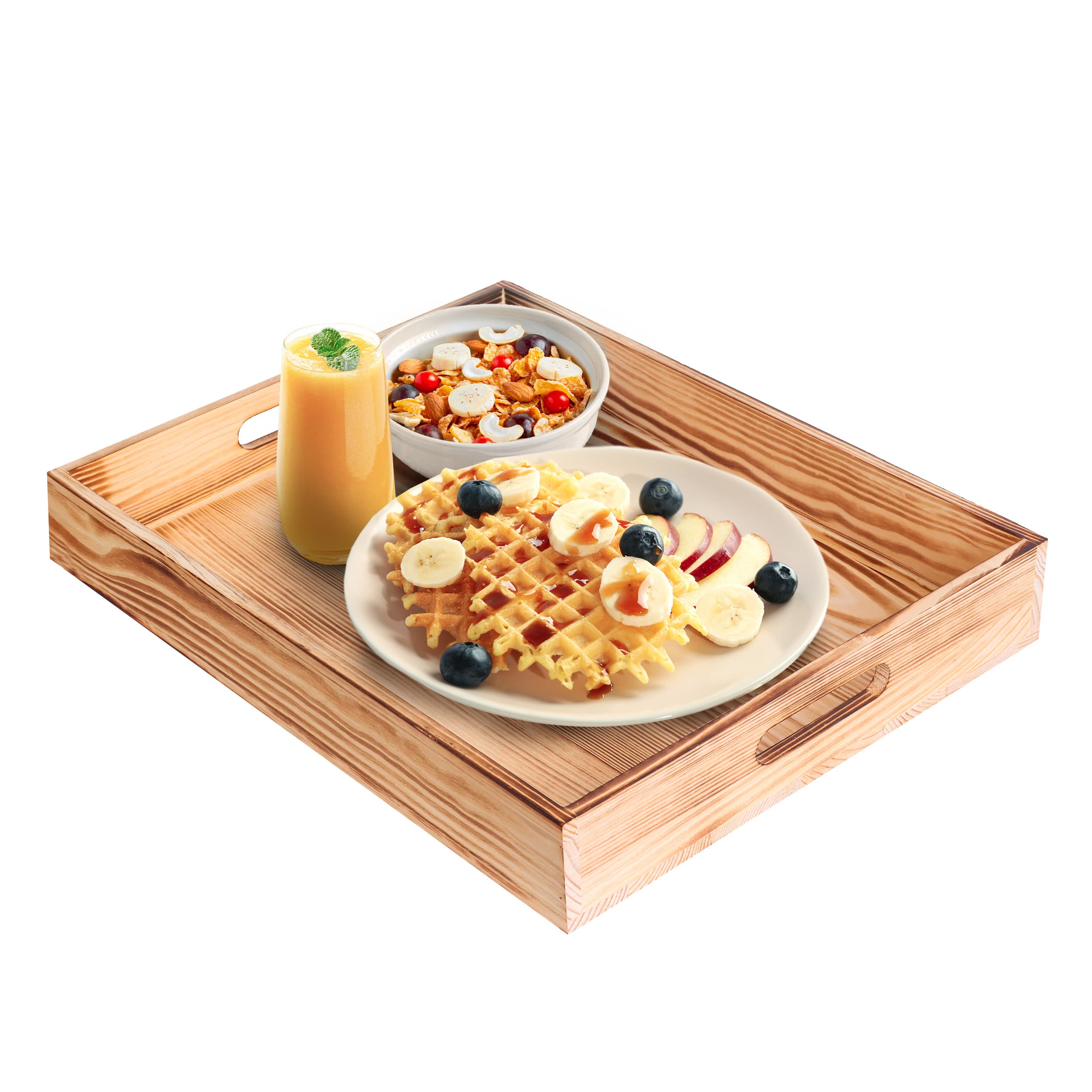 Wood Serving Tray with Handles Rectangular Wooden Coffee Table Breakfast Large Tray for Eating, Bedroom, Kitchen, Living Room - 17x13 inches