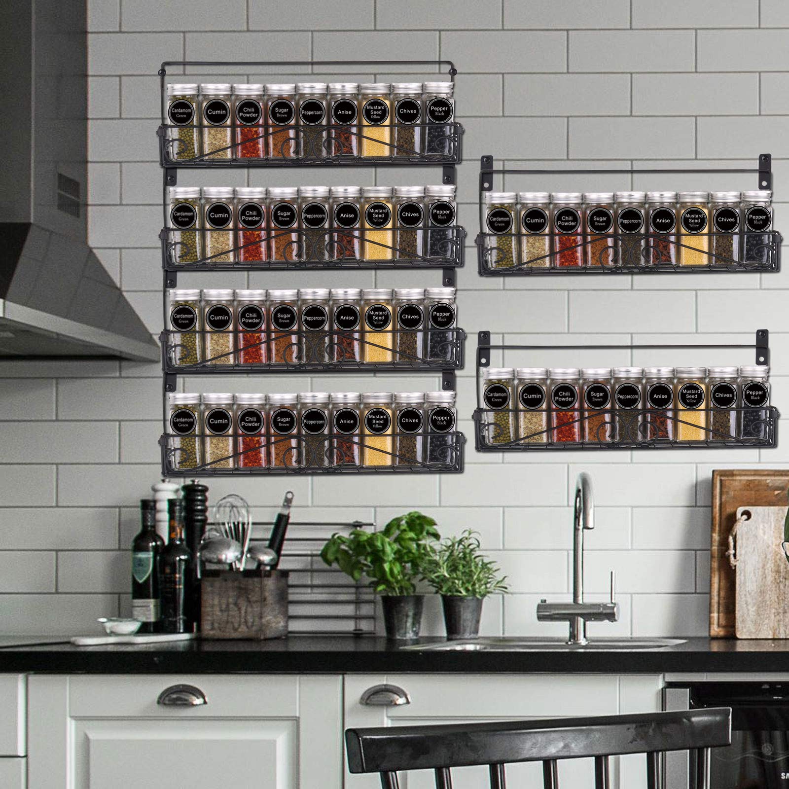 SWOMMOLY Wall Mount Spice Rack, 6 Pack Stackable Foldable Spice Racks Organizer, Black,Large