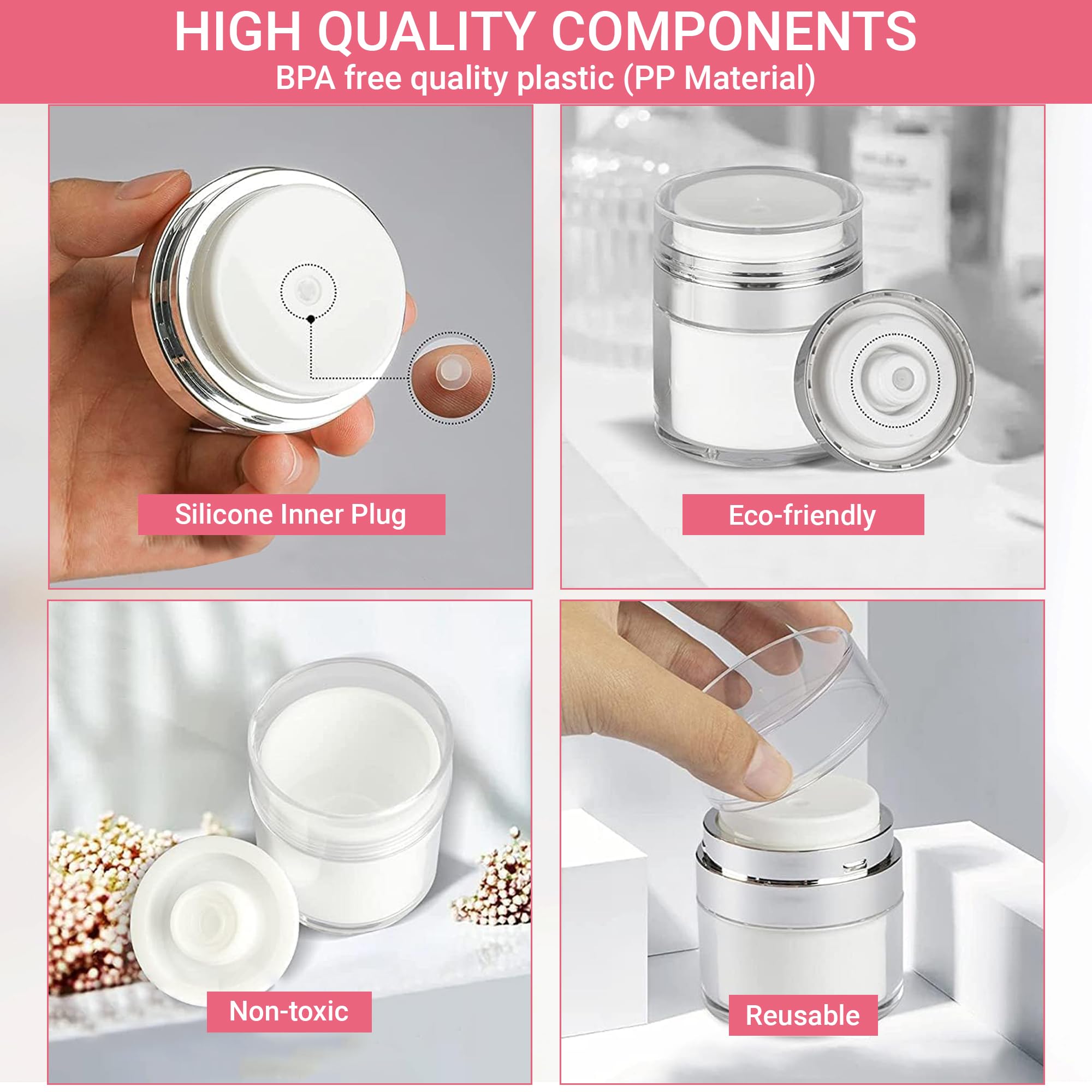 VEEVA ACCESSORIES 3 Pack Airless Pump Jar Set - Airless Cosmetic Pump Container with Makeup Bag - Airless Pump Container - Drunk Elephant Container - Cream Containers with Pump 15ml, 30ml and 50mlC