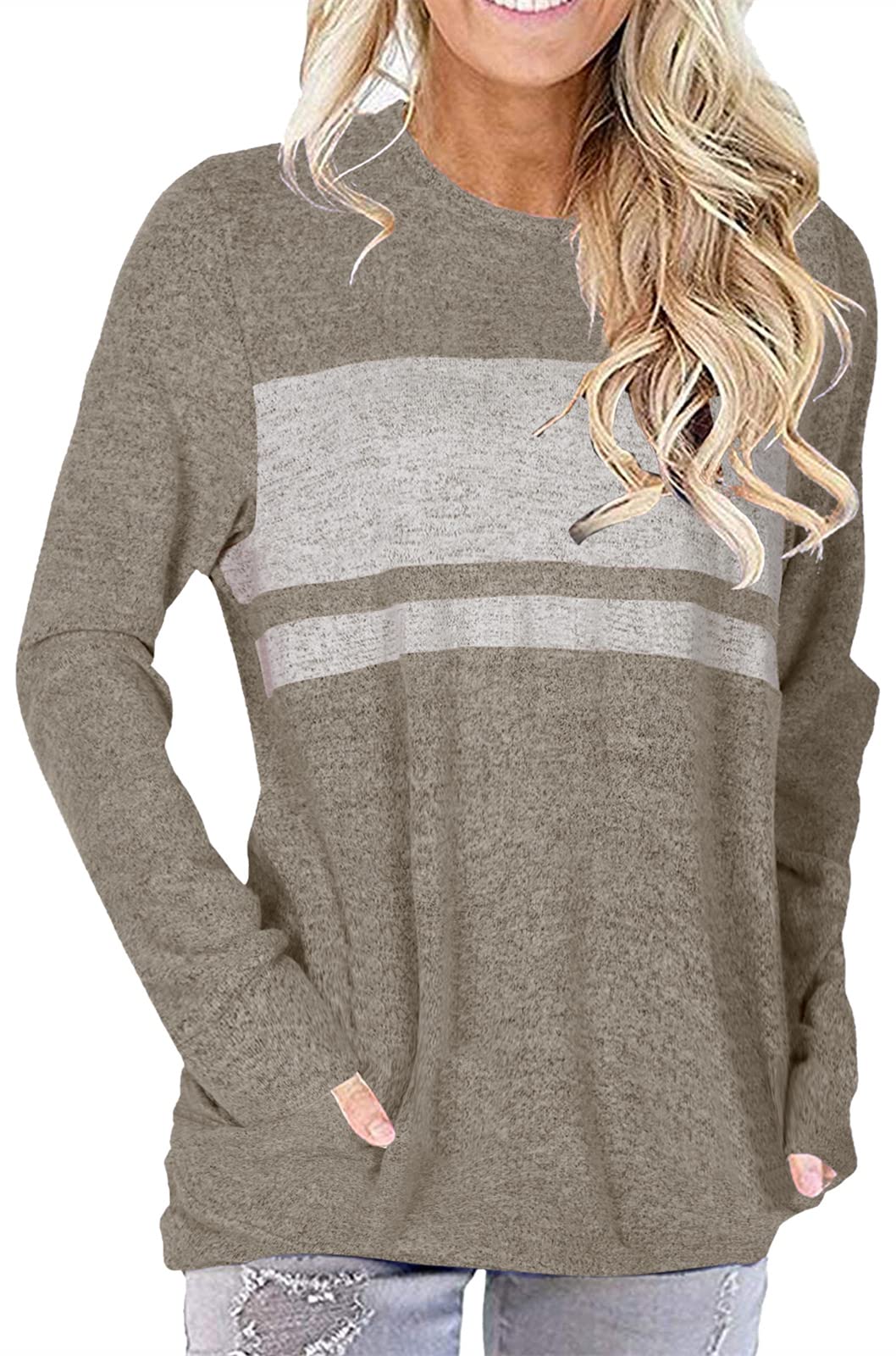 UNIQUEONE Color Block Crewneck Sweatshirt for Women Long Sleeve Casual Shirts Loose cute Pullover Tops with Pockets Light Brown