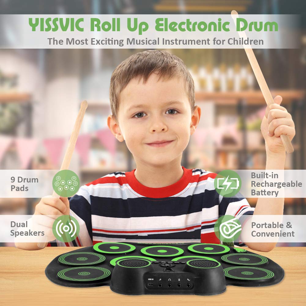 YISSVIC Electronic Drum Set Electric Drum Set 9 Drum Pads Rechargeable Battery Roll Up Drum Portable with Headphone Jack Built-in Speaker Green