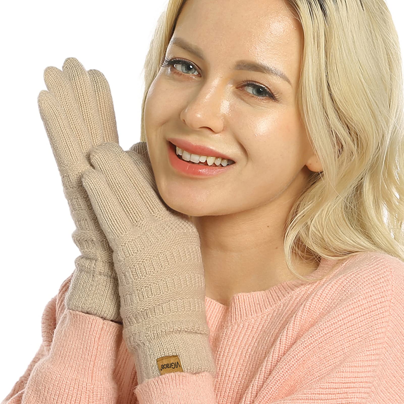 ViGrace Womens Winter Touchscreen Gloves Cable Knit Warm Lined 3 Fingers Dual-layer Touch Screen Texting Thermal Glove for Women