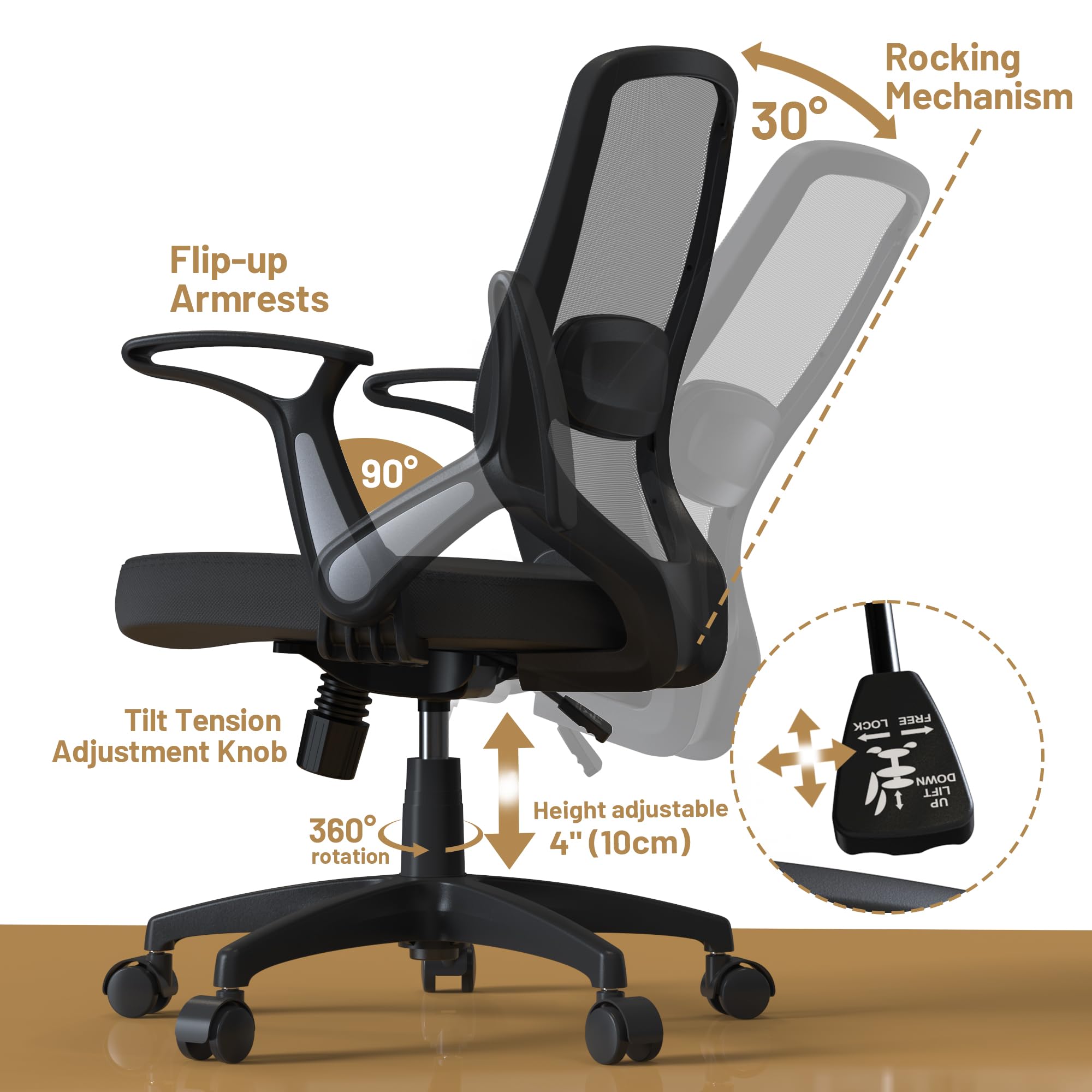 Qoroos Mesh Office Chair Ergonomic Mid Back Swivel Black Mesh Desk Chair Flip Up Arms with Lumbar Support Computer Chair Adjustable Height Task Chairs Grey